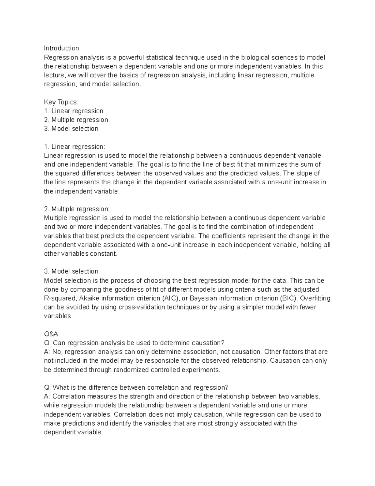 Lecture #10 Regression Analysis in the Biological Sciences - Introduction: Regression analysis ...