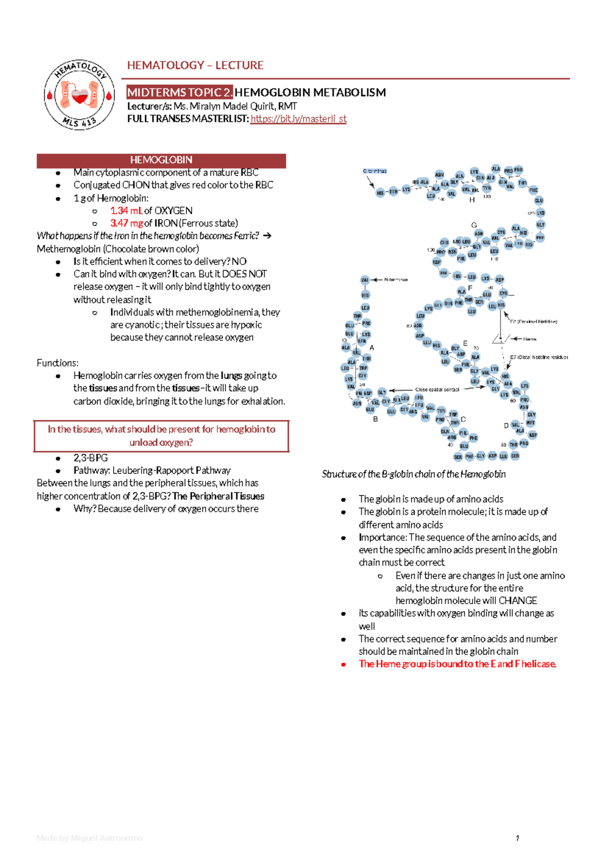 [HEMA-LEC] M2 - Hemoglobin Metabolism - HEMATOLOGY – LECTURE MIDTERMS ...