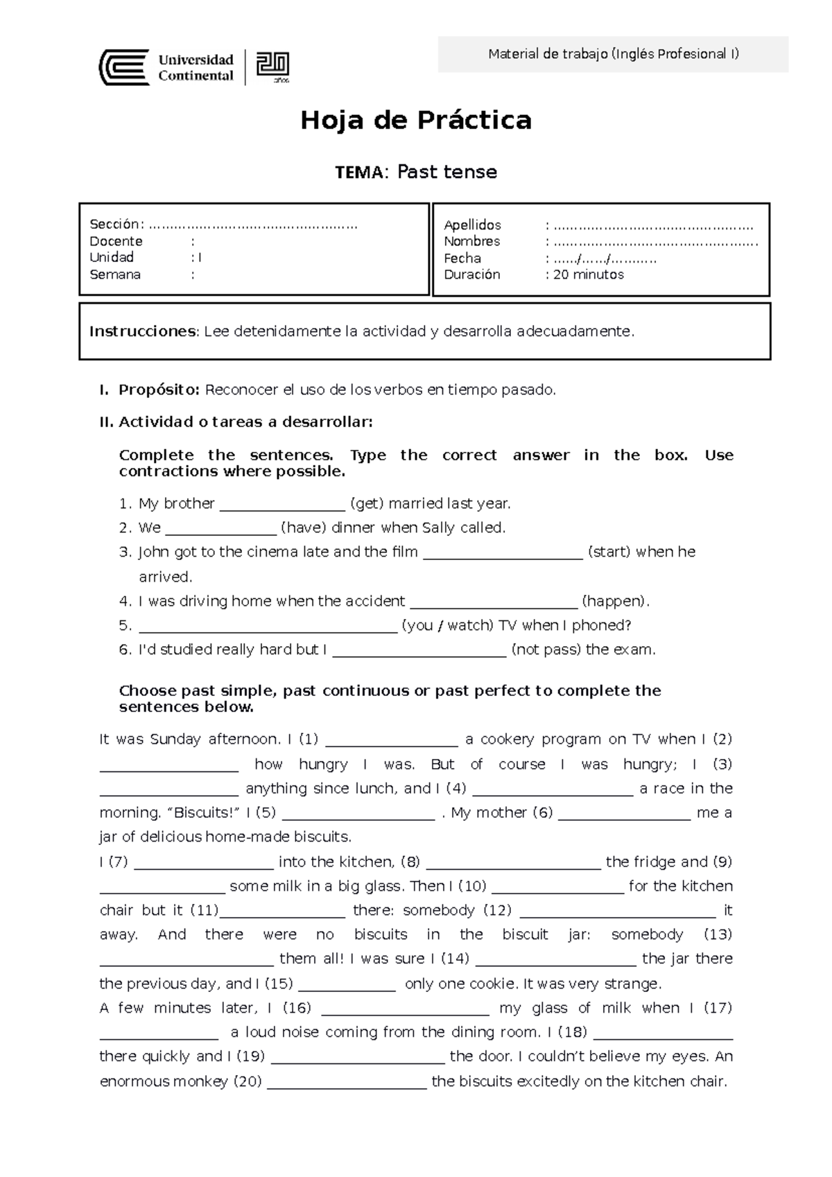 Hoja de Práctica Past simple, continuous and perfect - Hoja de Práctica ...