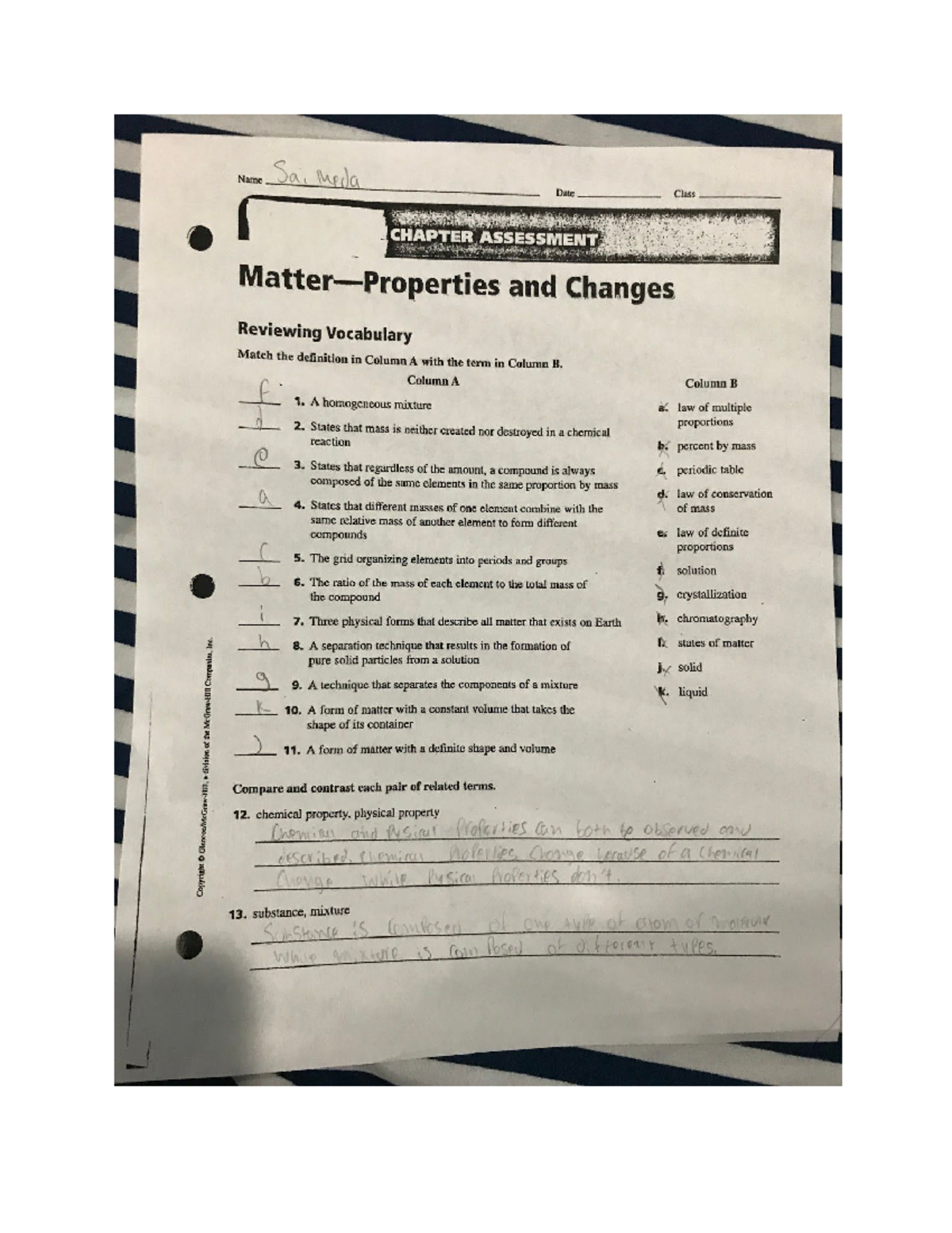 Chapter assessment Chem - Name Sai Meda Date Class CHAPTER ASSESSMENT ...