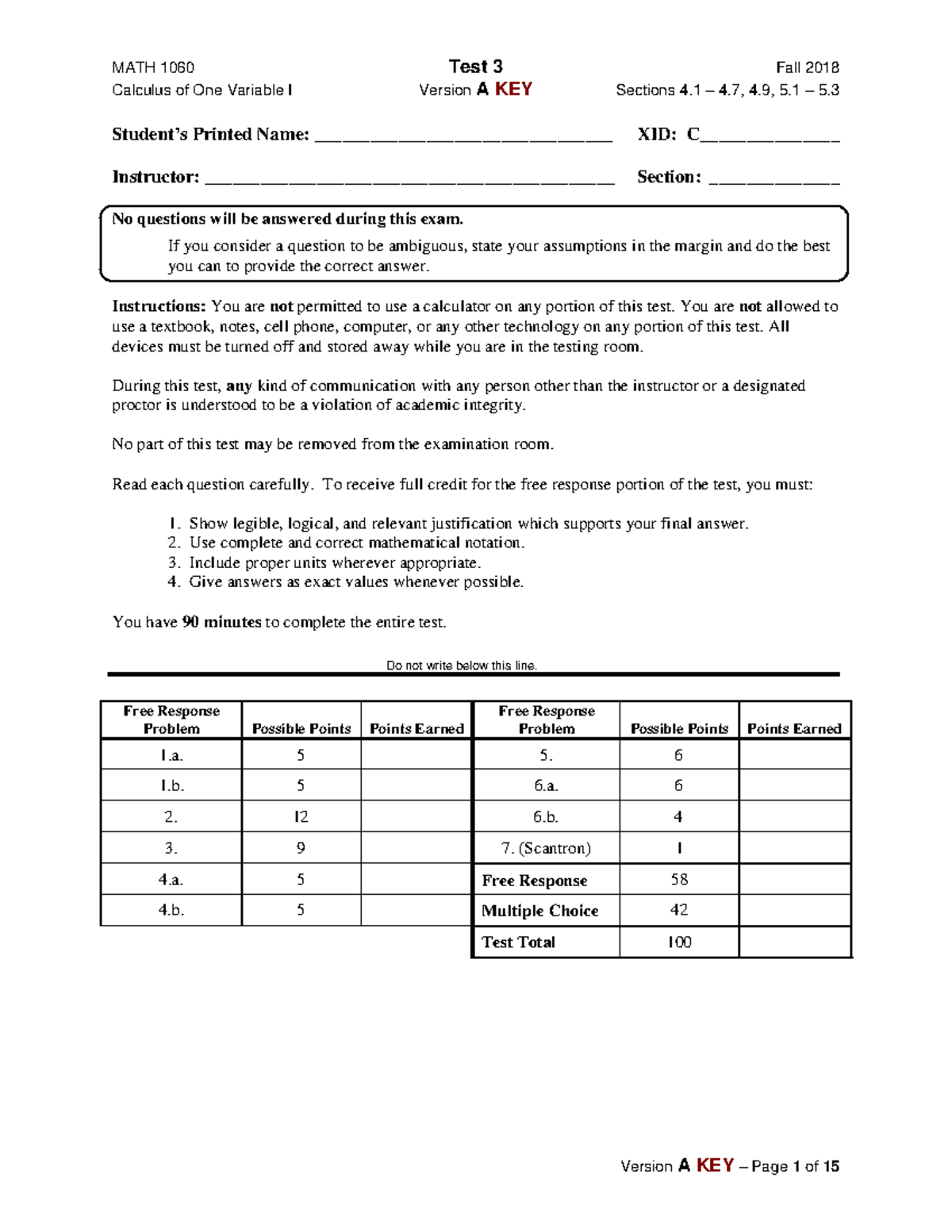 Math 1060-2018 08 test3-key - ####### Calculus of One Variable I ...