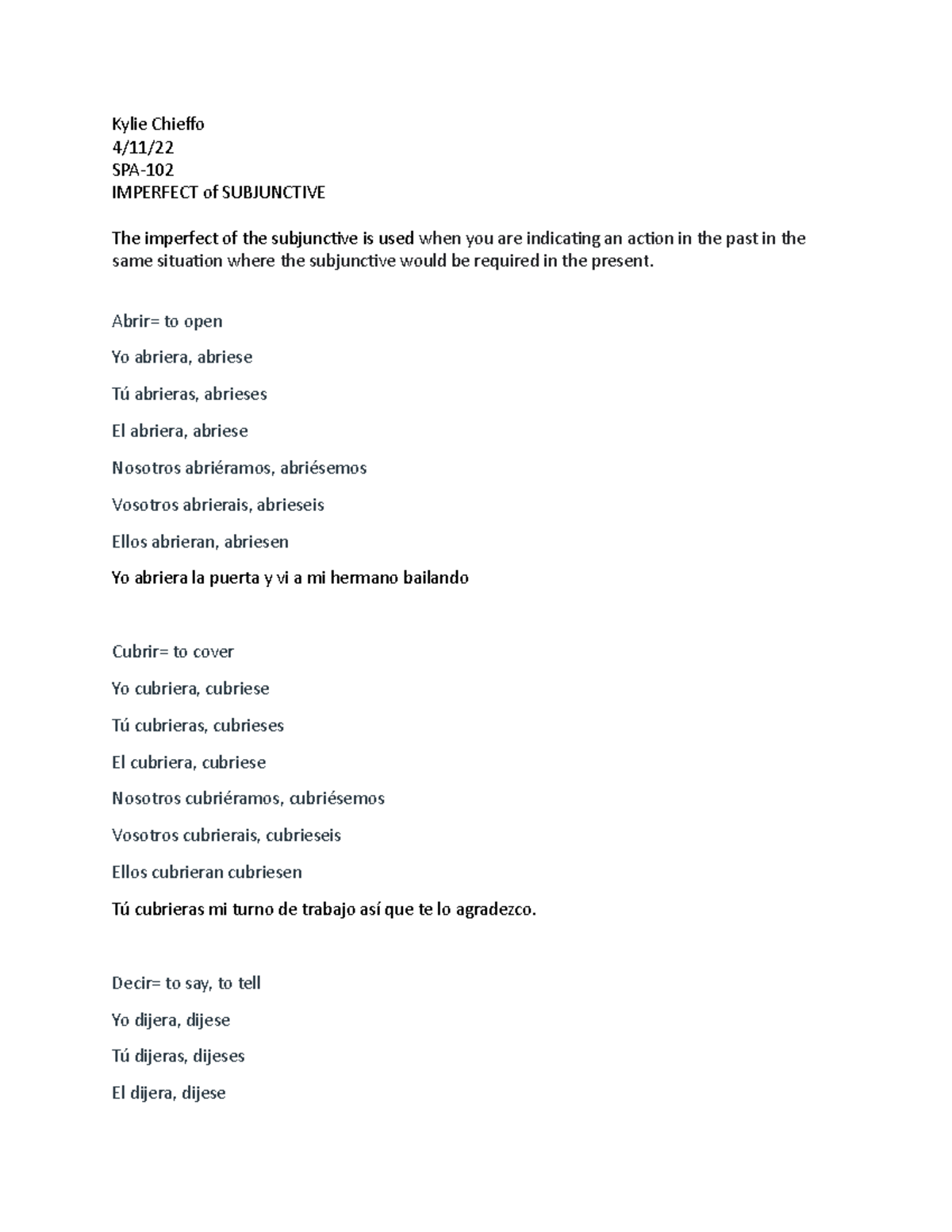 Imperfect Subjunctive Verb Tense - Kylie Chieffo 4/11/ SPA- IMPERFECT ...