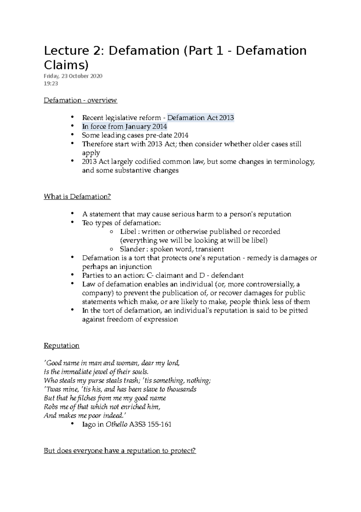 Defamation Claims - Lecture 2: Defamation (Part 1 - Defamation Claims ...