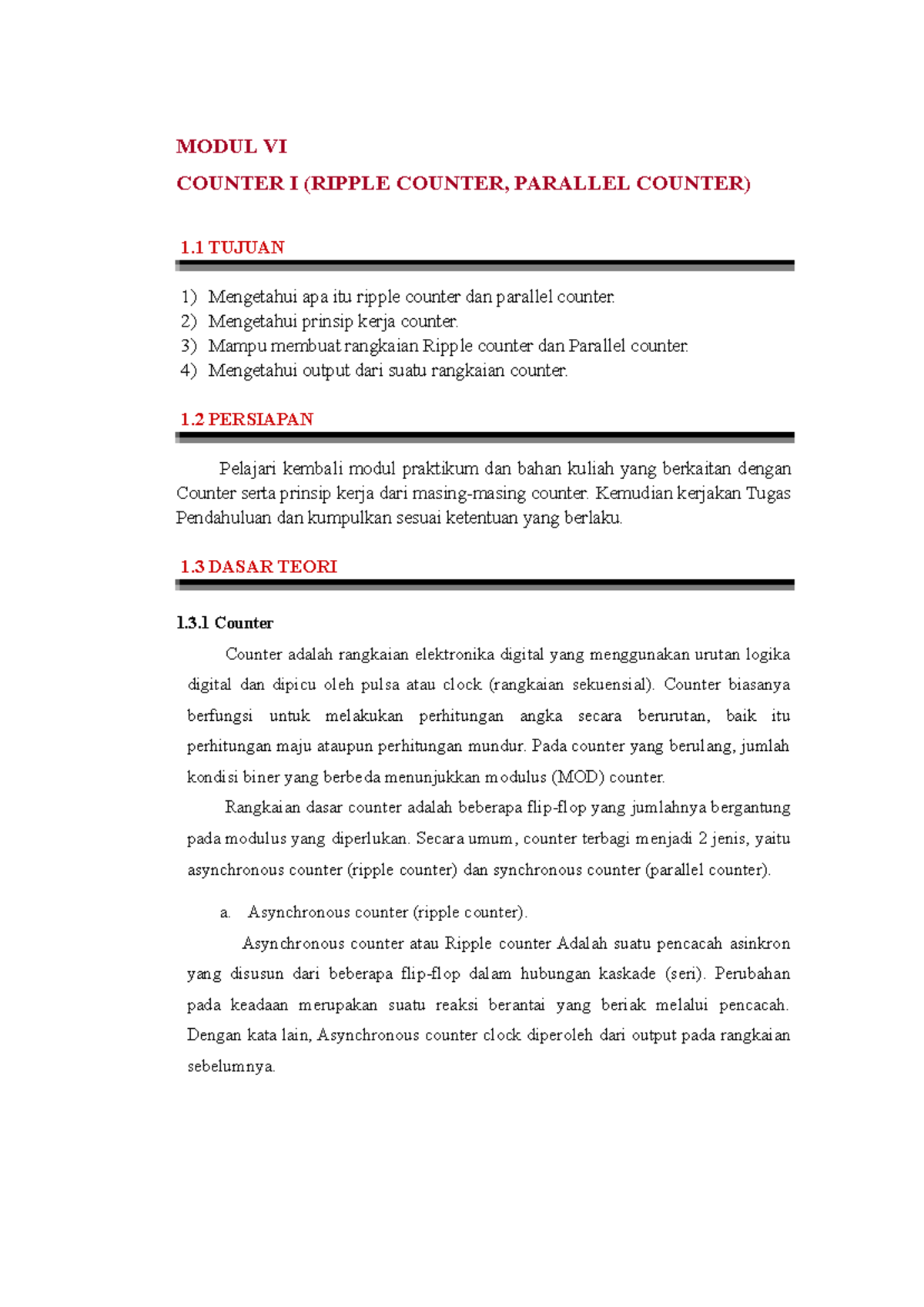 Modul-6 - COUNTER I (RIPPLE COUNTER, PARALLEL COUNTER) - MODUL VI ...