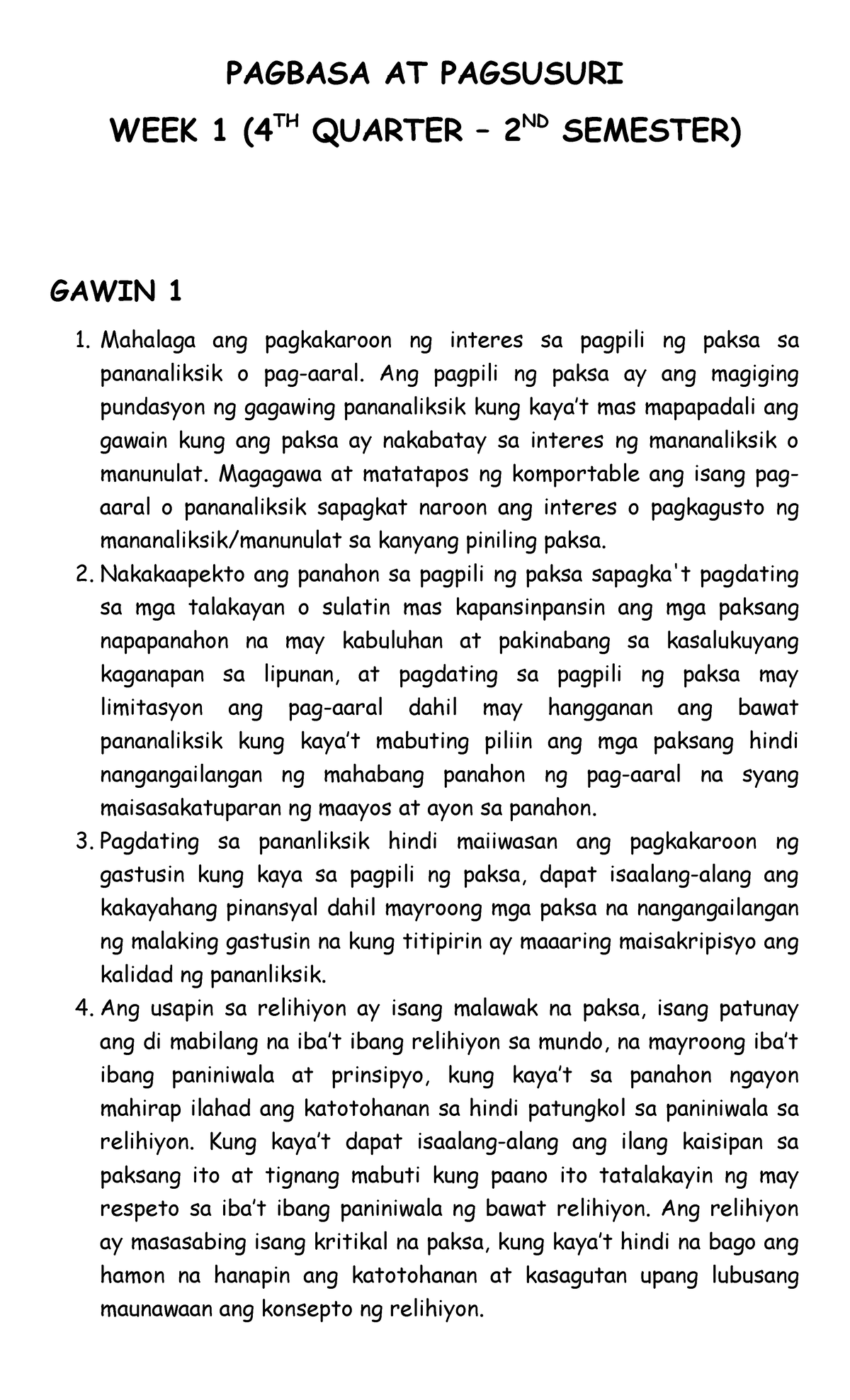 Pagbasa AT Pagsusuri WEEK 1 - PAGBASA AT PAGSUSURI WEEK 1 (4TH QUARTER ...