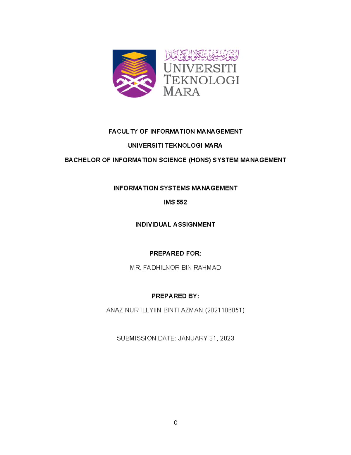 Individual Assignment Sir Fadhil - FACULTY OF INFORMATION MANAGEMENT UNIVERSITI TEKNOLOGI MARA ...