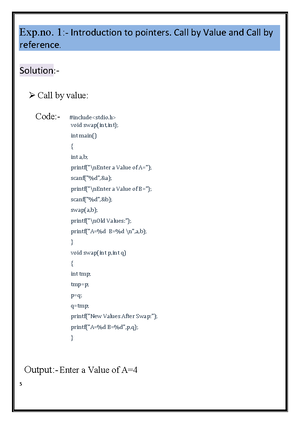 ds practical 2023/24 - PRACTICAL :: 1 AIM :: Introduction to pointers. Call by Value and Call by ...