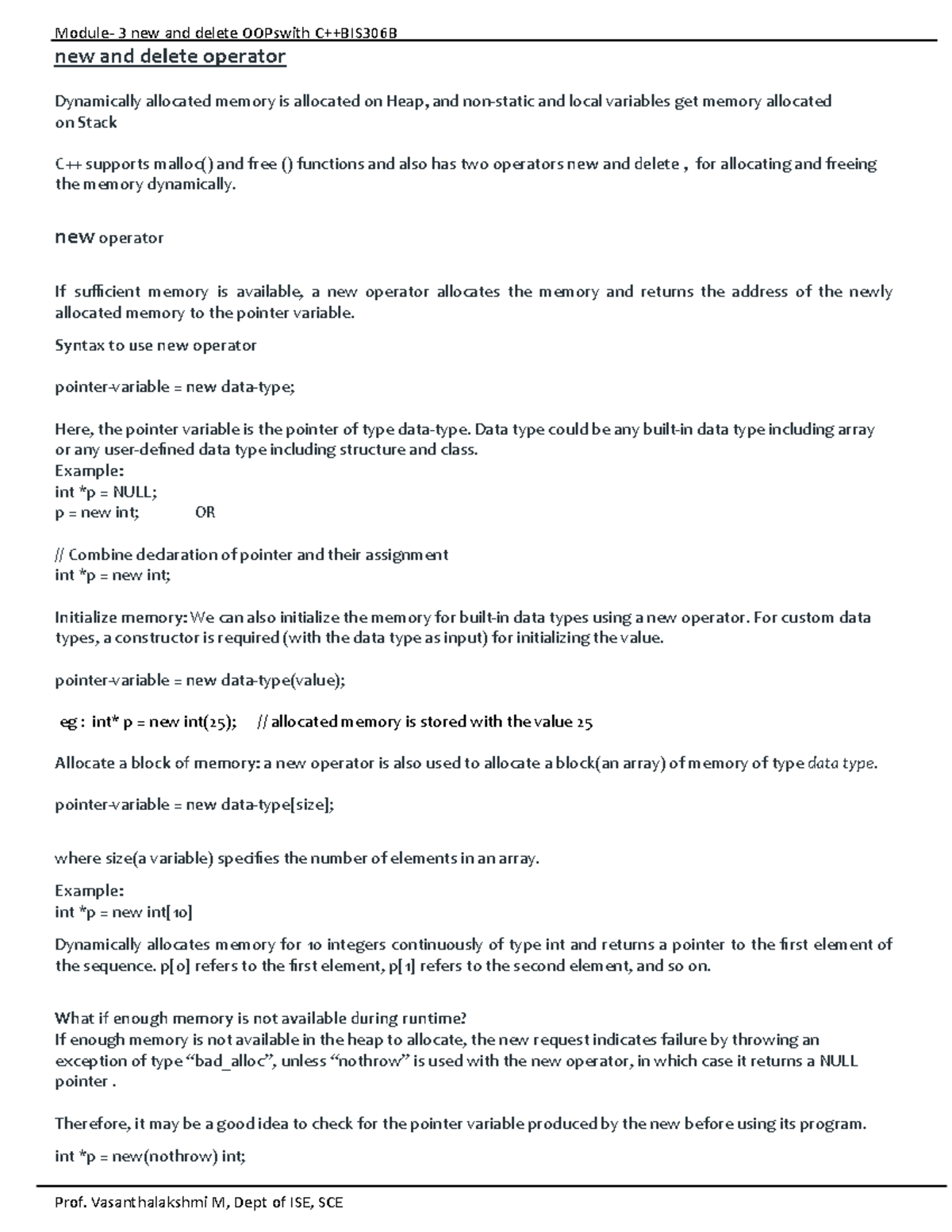 New And Delete Operatordocx New And Delete Operator Dynamically Allocated Memory Is Allocated