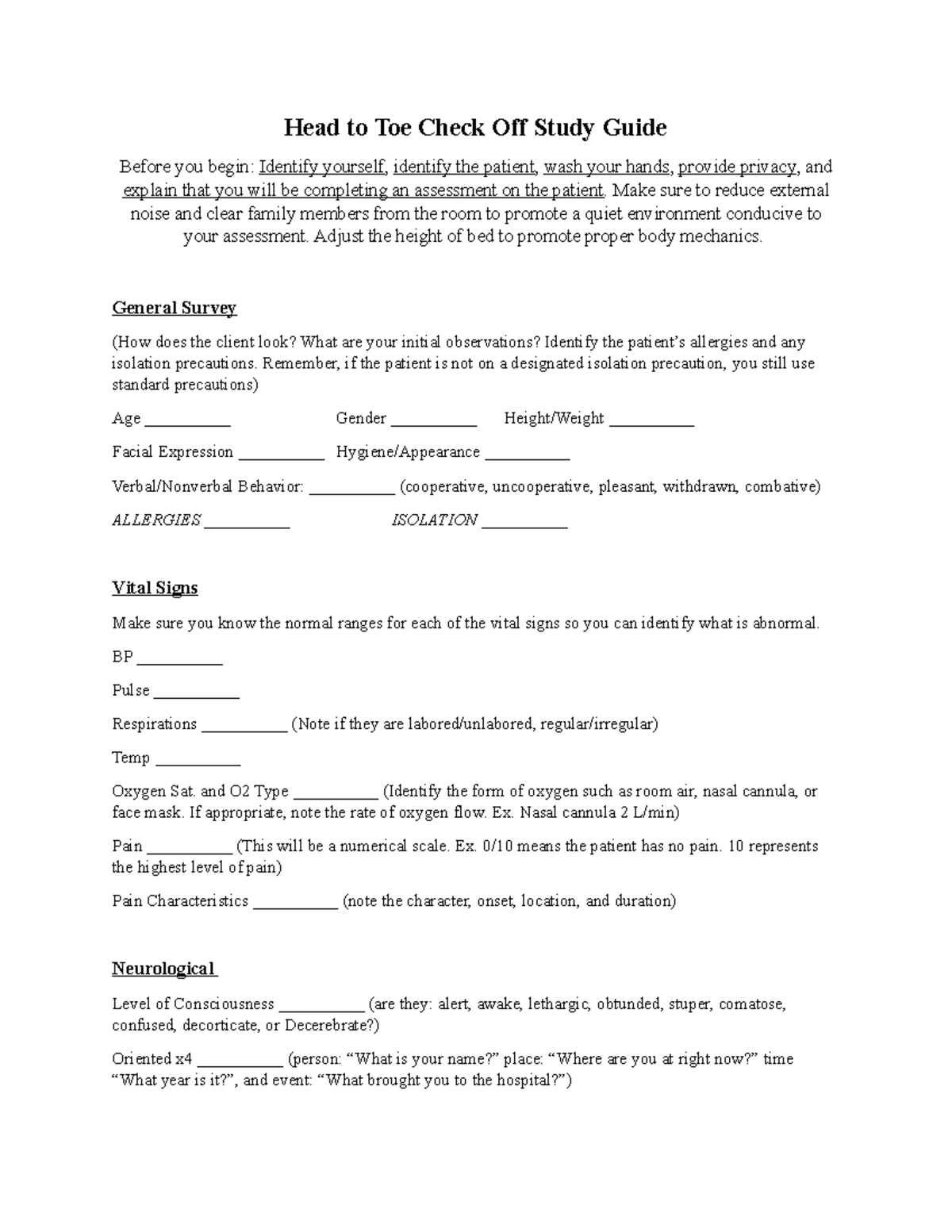 Head to Toe Check Off Study Guide 2 Most adaptive - Head to Toe Check ...