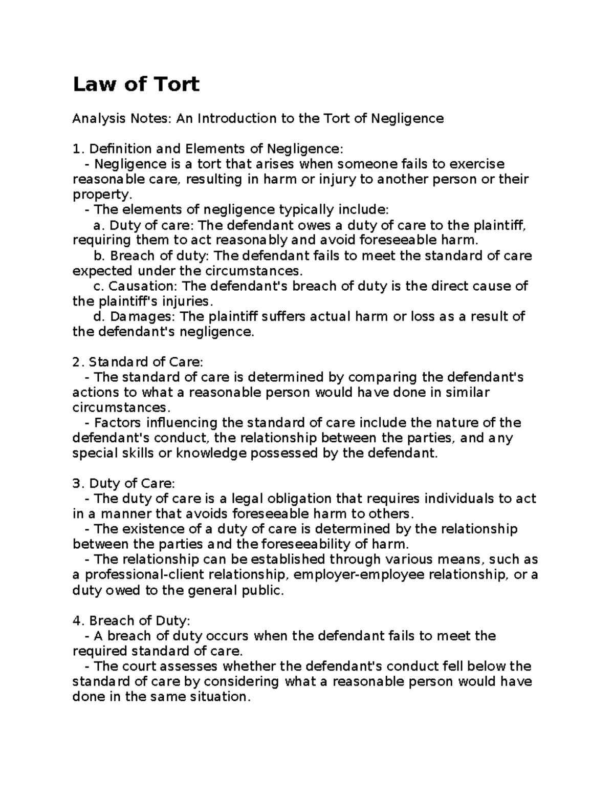 Law of Tort Notes - Tort law - Law of Tort Analysis Notes: An ...