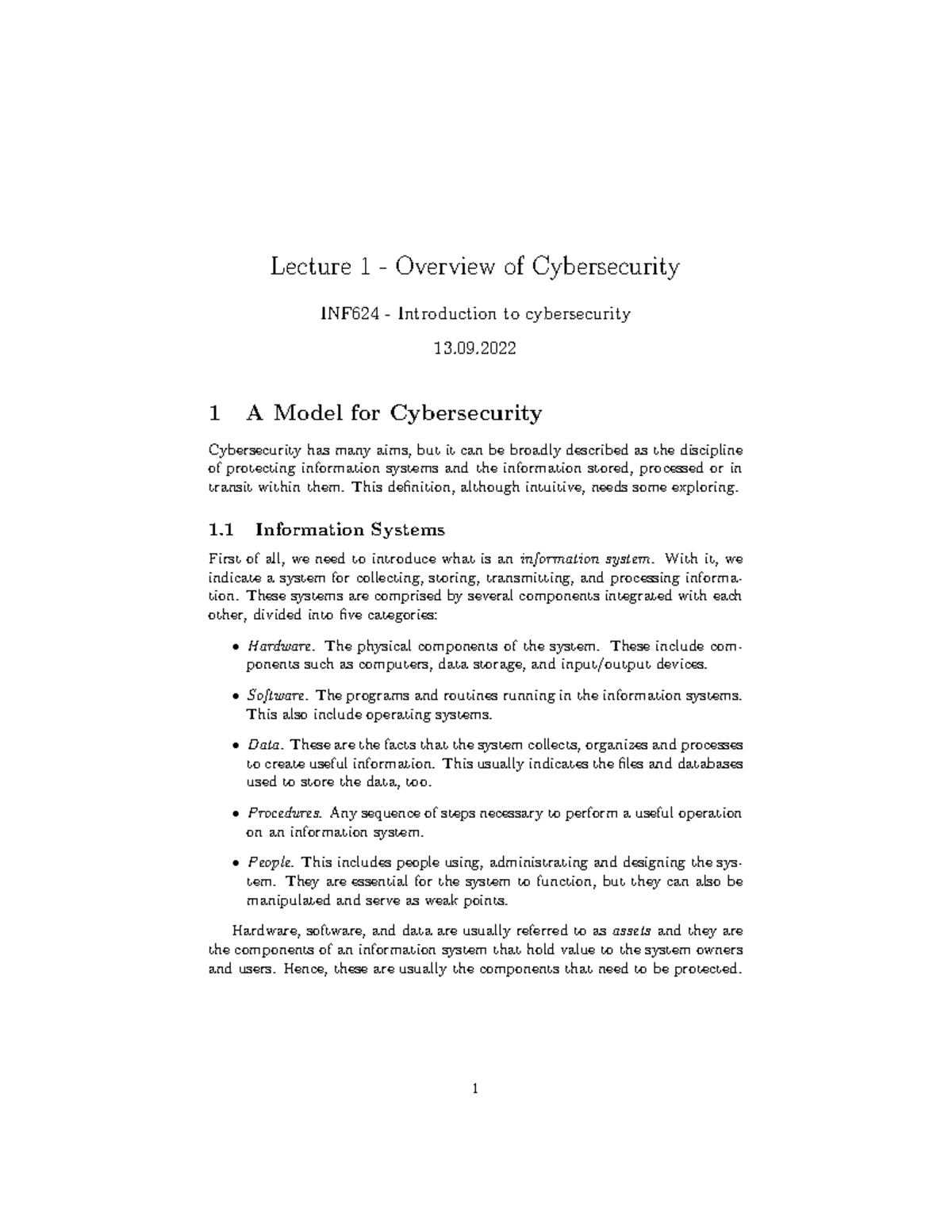 Overview cyber security - Lecture 1 - Overview of Cybersecurity INF624 - Introduction to - Studocu