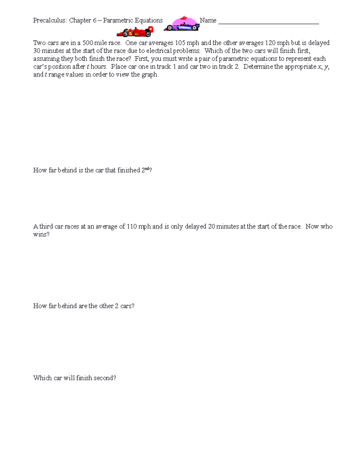 Parametric races day2 homework - Precalculus: Chapter 6 – Parametric ...