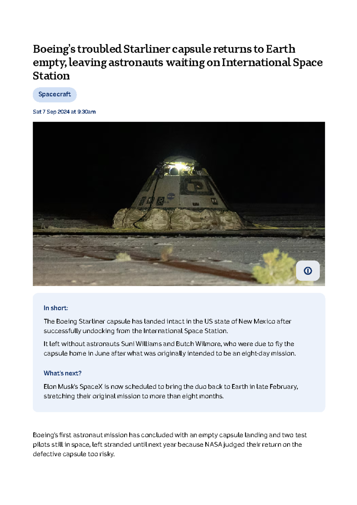 Boeing's troubled Starliner capsule returns to Earth empty, leaving ...