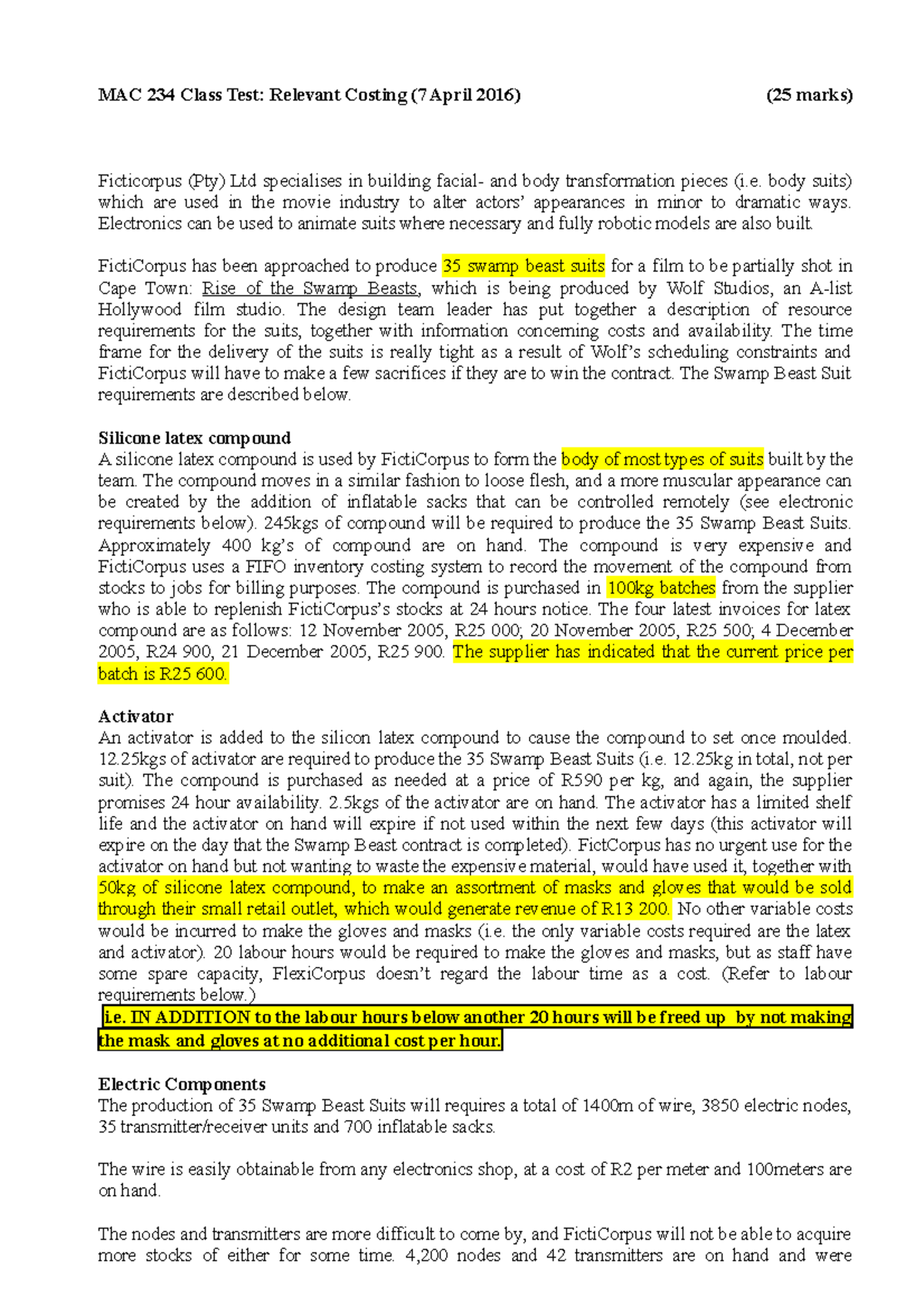 Class Test 2 2016 RC - MAC 234 Class Test: Relevant Costing (7 April ...
