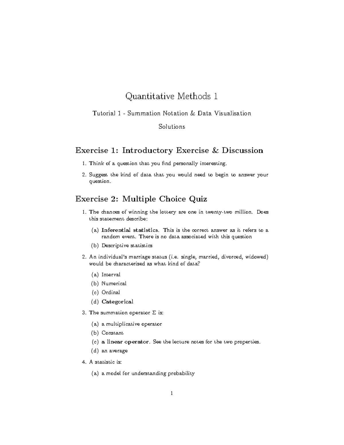 Tutorial Work 1 2 Tutorial With Solutions Quantitative Methods 1 Tutorial 1 Summation