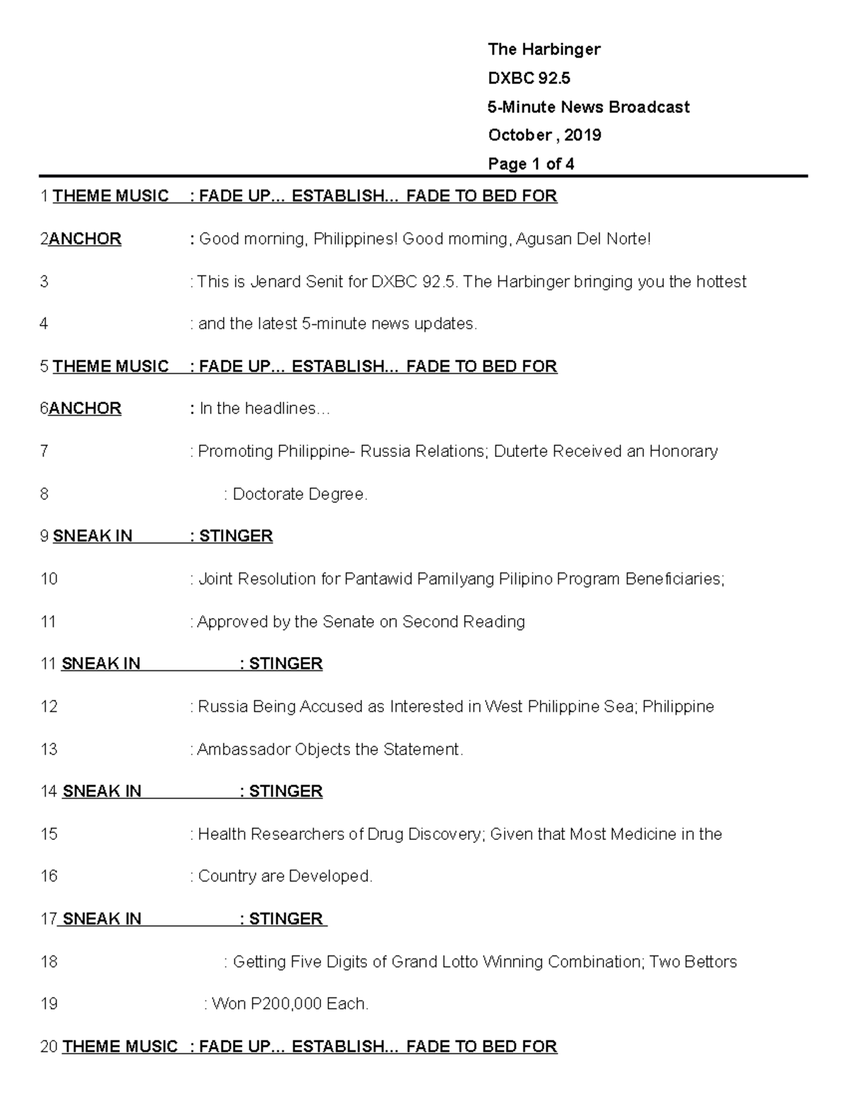 Broadcasting Script - The Harbinger DXBC 92. 5-Minute News Broadcast ...