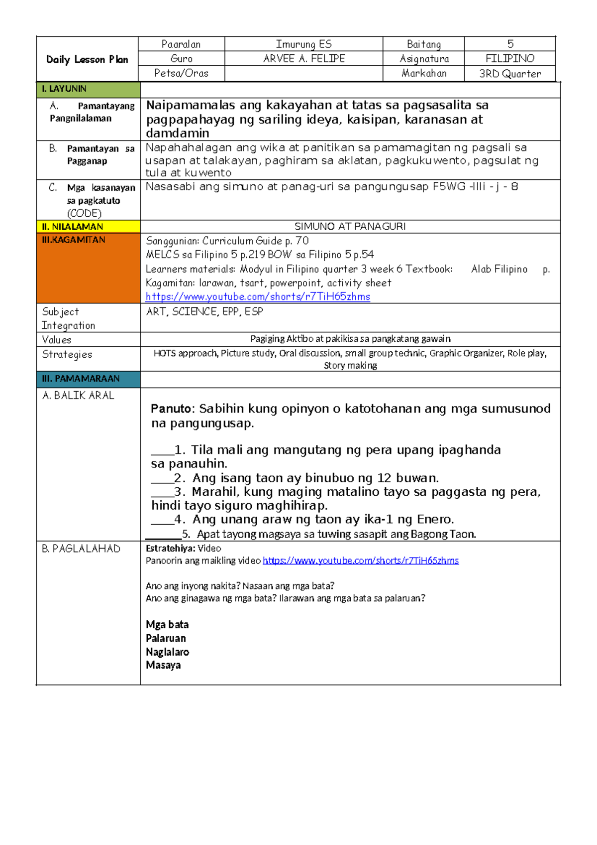 Filipino week 6-COT 3 - ####### Daily Lesson Plan ####### Paaralan Imurung ES Baitang 5 ...