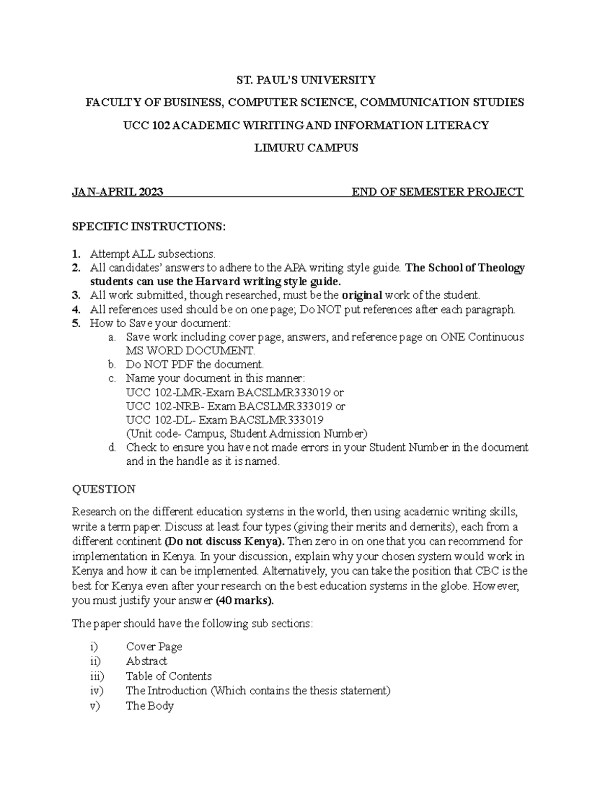 UCC 102 Project - JAN 2023 - ST. PAUL’S UNIVERSITY FACULTY OF BUSINESS ...