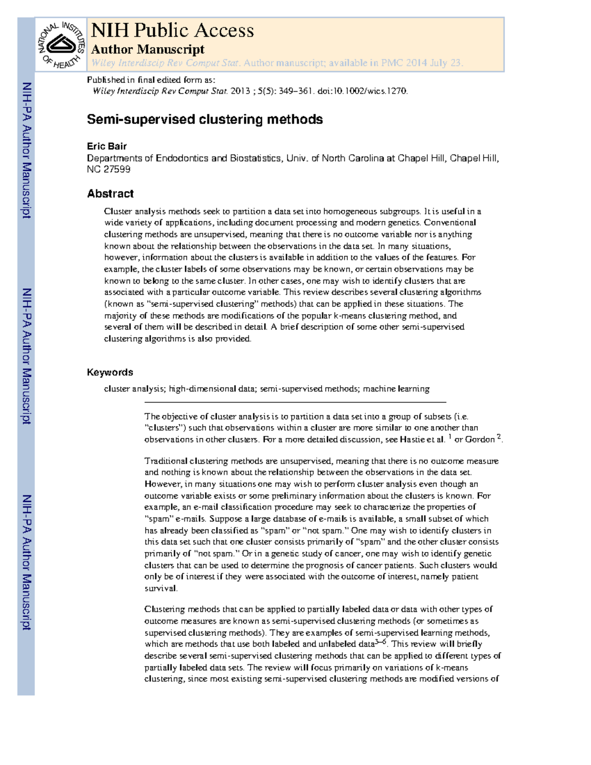 Nihms 502381 - Semi-Supervised Leanring - Semi-supervised clustering methods Eric Bair ...