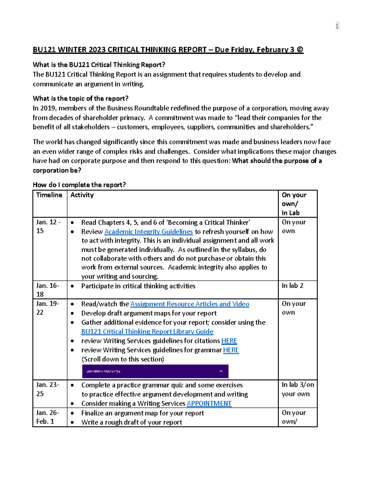 BU121 W23 Critical Thinking Report - BU121 WINTER 2023 CRITICAL ...