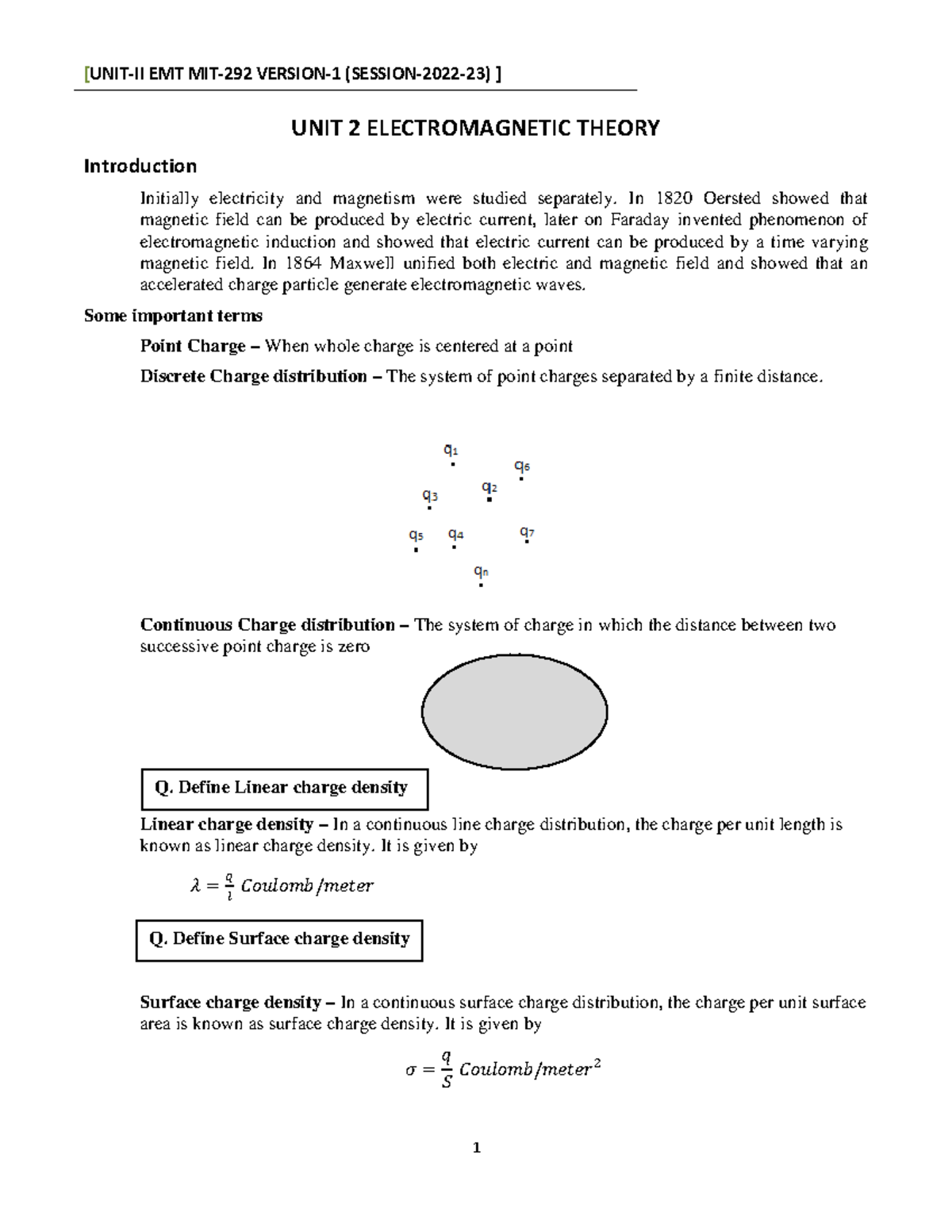 Unit II EMT Version-1 (2022-23) - UNIT 2 ELECTROMAGNETIC THEORY ...
