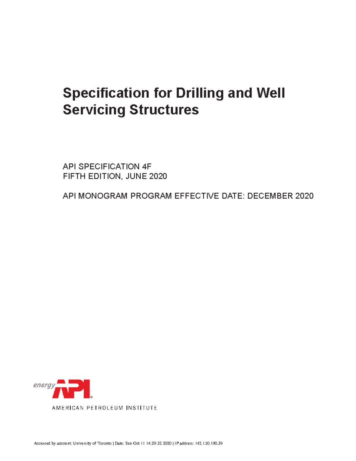API 4F 2020 - API STANDARD - Specification for Drilling and Well ...