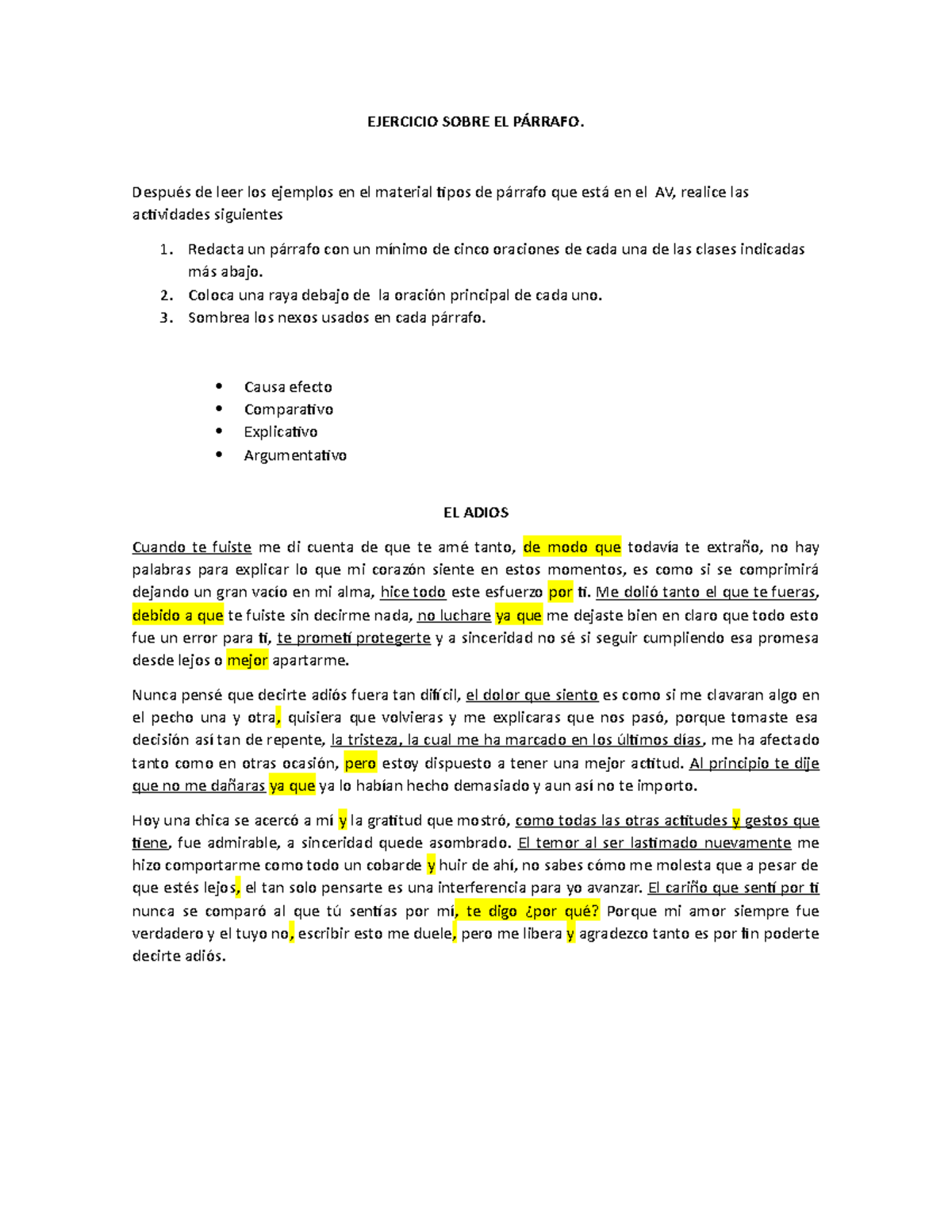 Ejercicio sobre el párrafo (Lengua Española) - EJERCICIO SOBRE EL ...