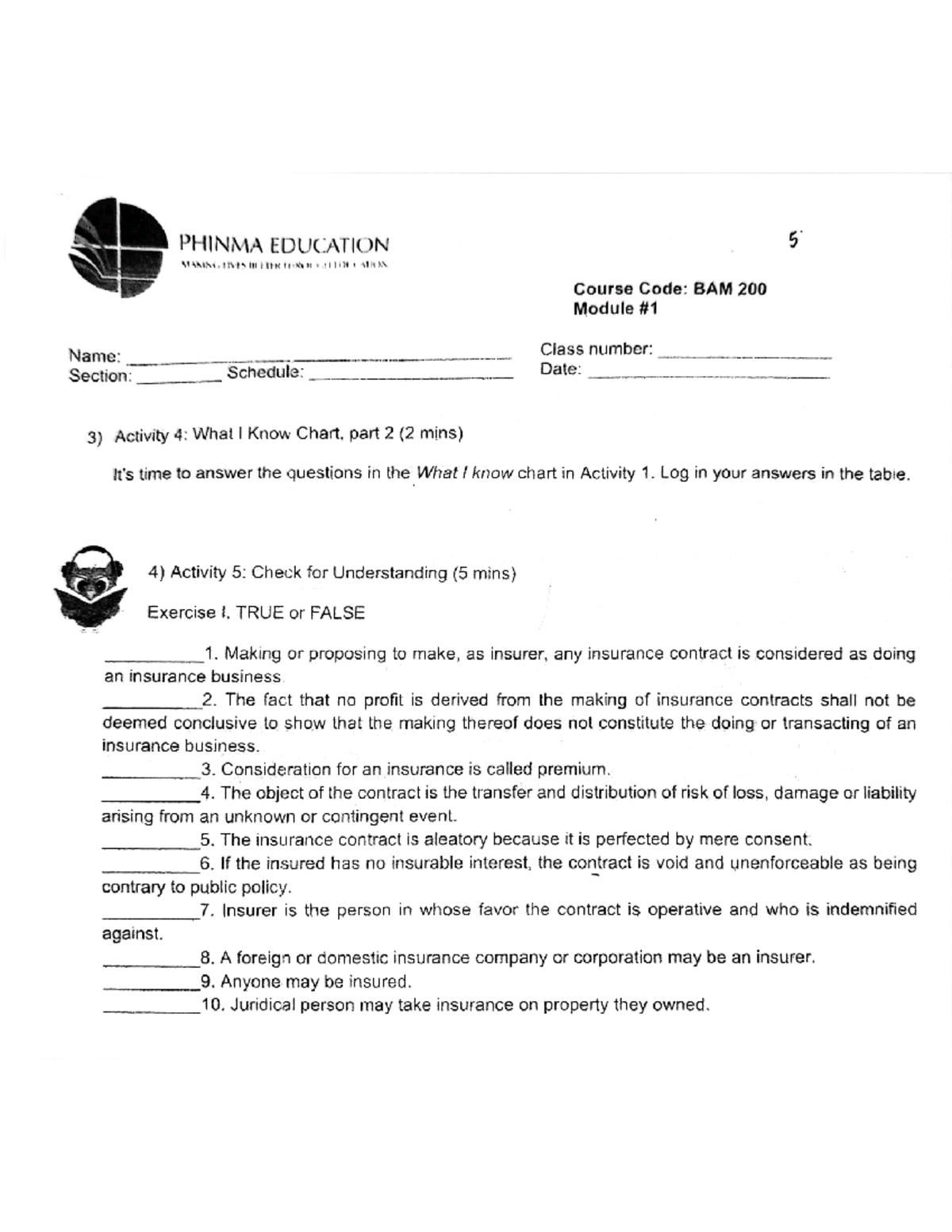 BAM 299 - Assignment for Bam 200 - PHINMA EDUCATION 5 Course Code: BAM ...
