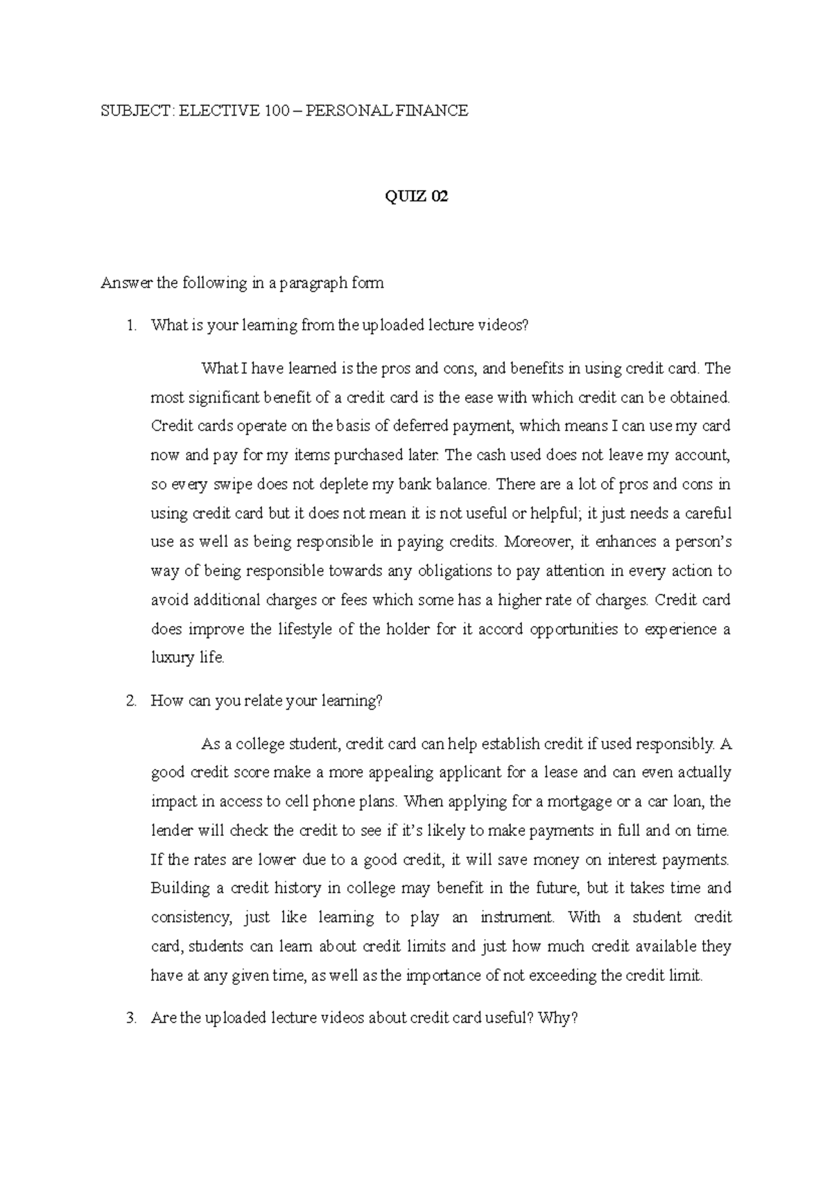 Personal Finance - SUBJECT: ELECTIVE 100 – PERSONAL FINANCE QUIZ 02 ...