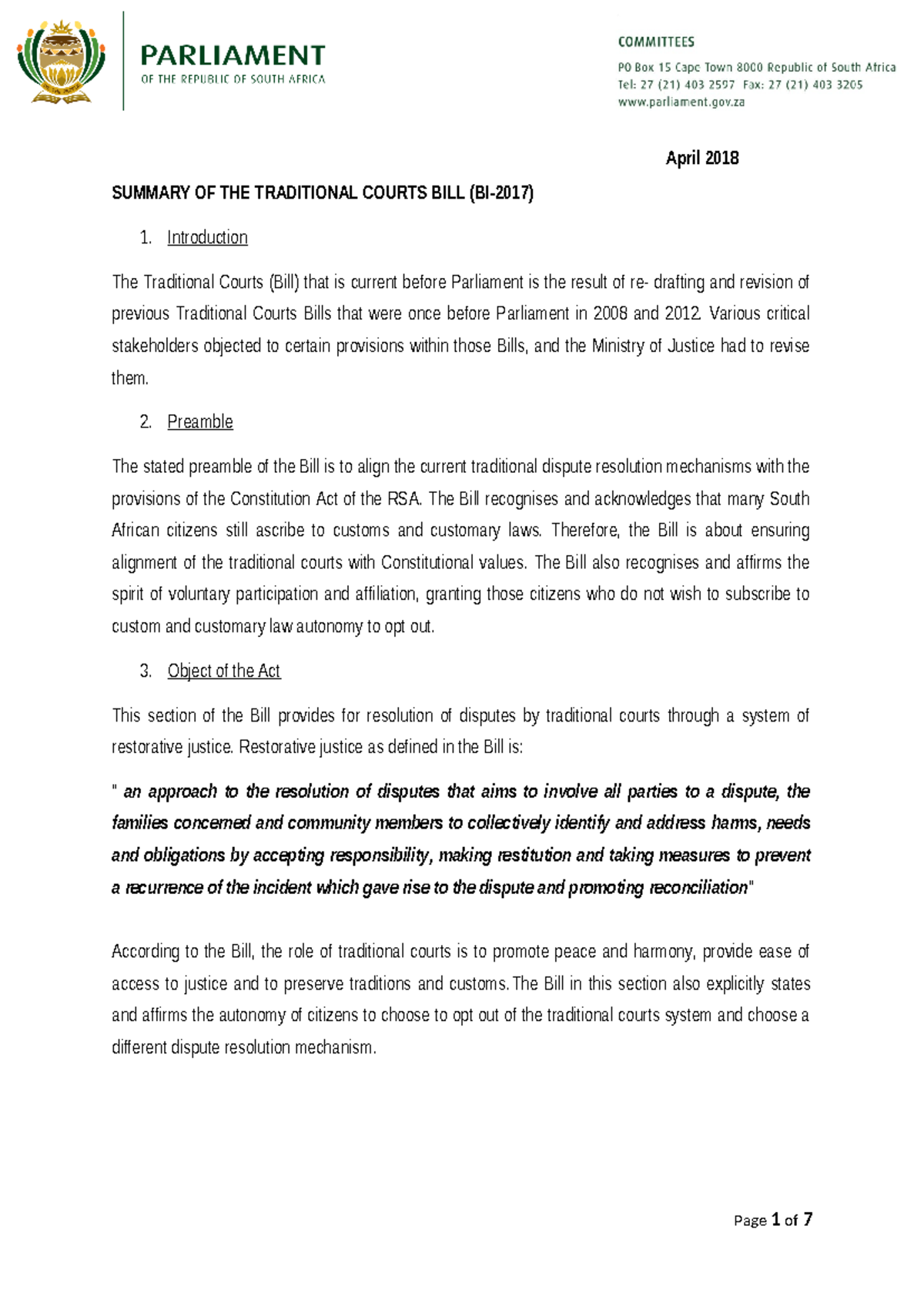 Summary OF THE Traditional Courts BILL - April 2018 SUMMARY OF THE ...