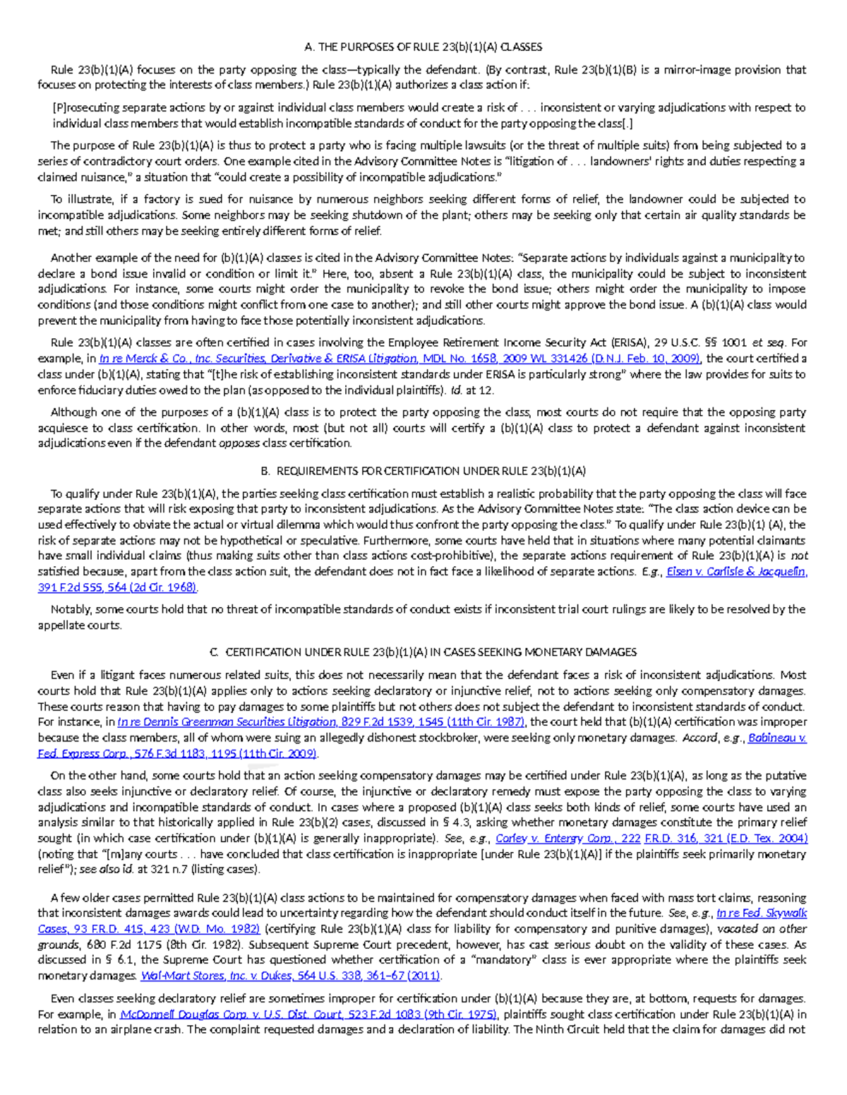 CLass Actions Study Aid - A. THE PURPOSES OF RULE 23(b)(1)(A) CLASSES ...
