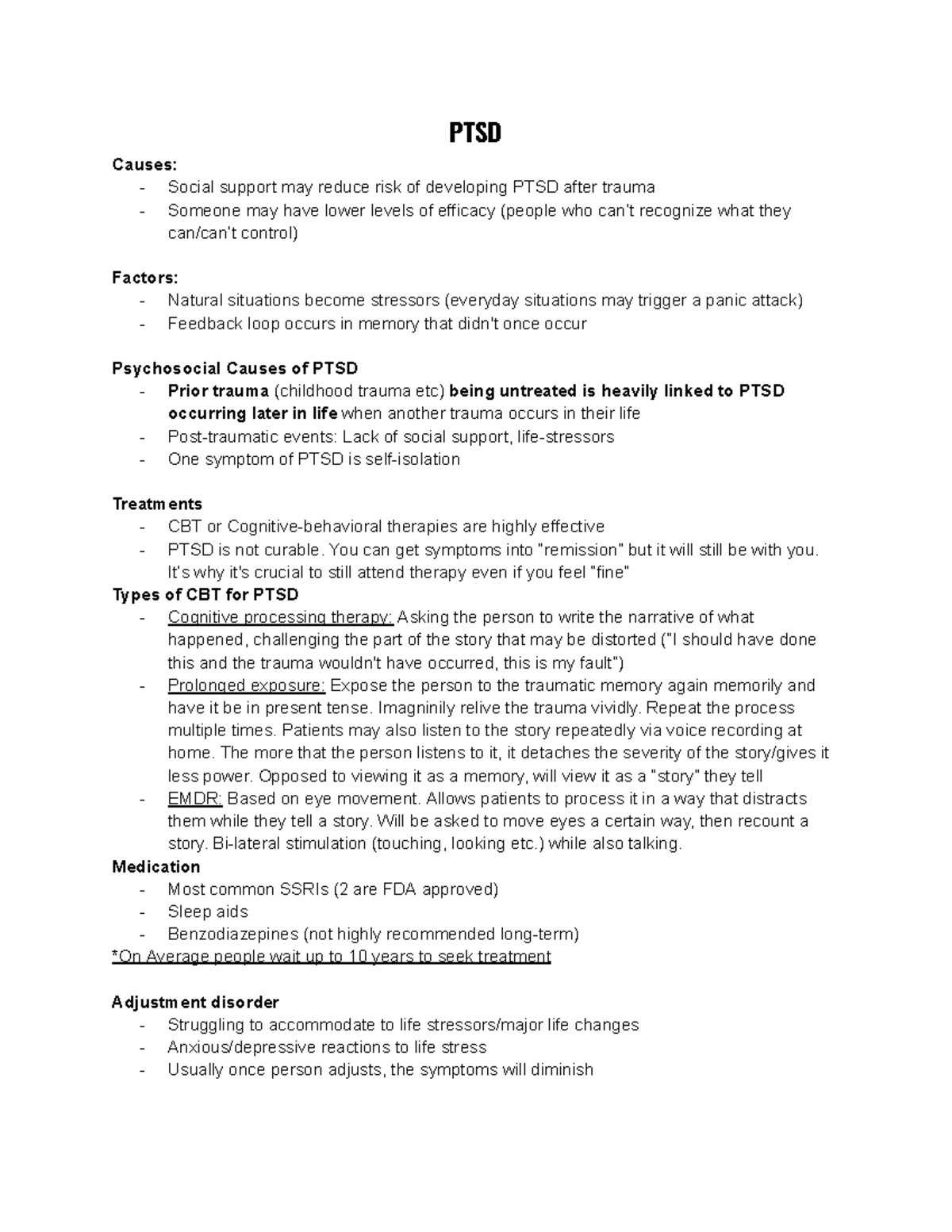 PTSD/OCD Lecture Notes 9/17 - PTSD Causes: - Social support may reduce ...
