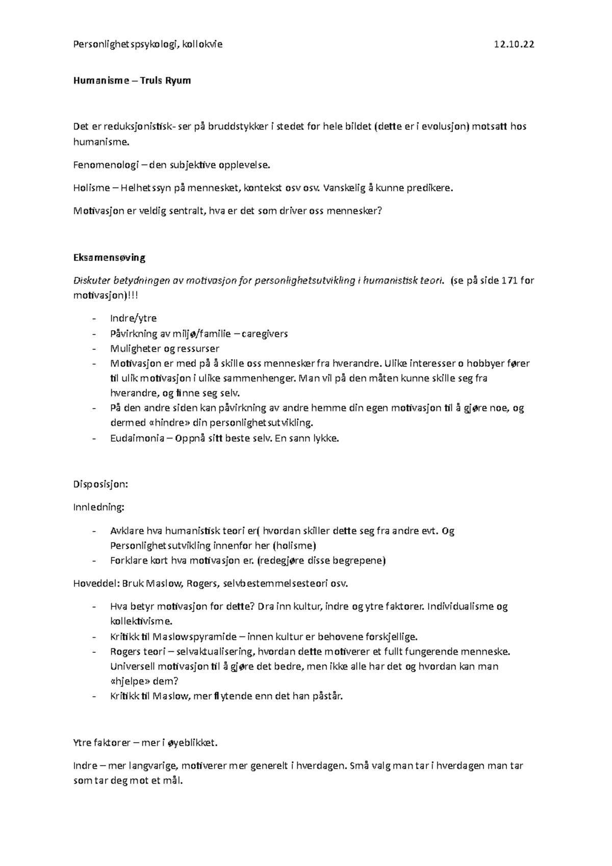 Humanisme, kollokvie - Personlighetspsykologi, kollokvie 12. Humanisme ...