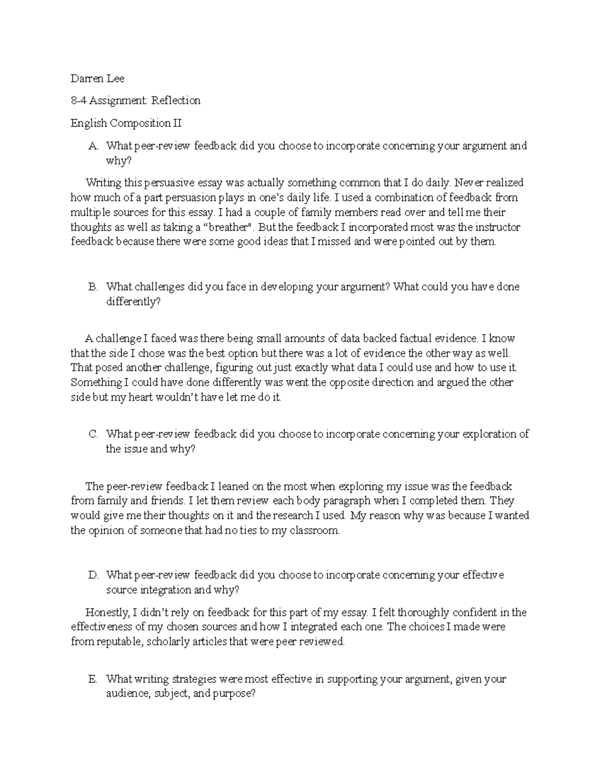 English composition II 8-2 assignment Reflection - Darren Lee 8-4 ...