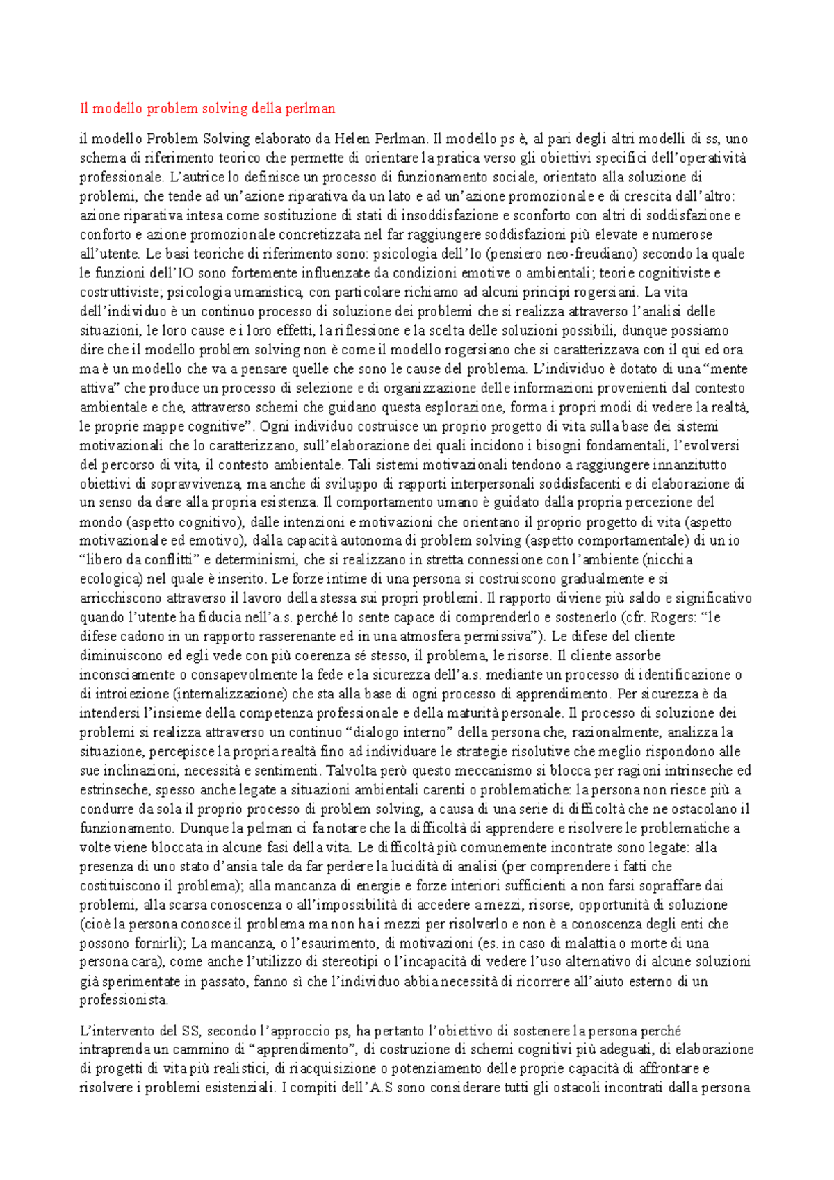 Il modello problem solving della perlman - Il modello ps è, al pari ...