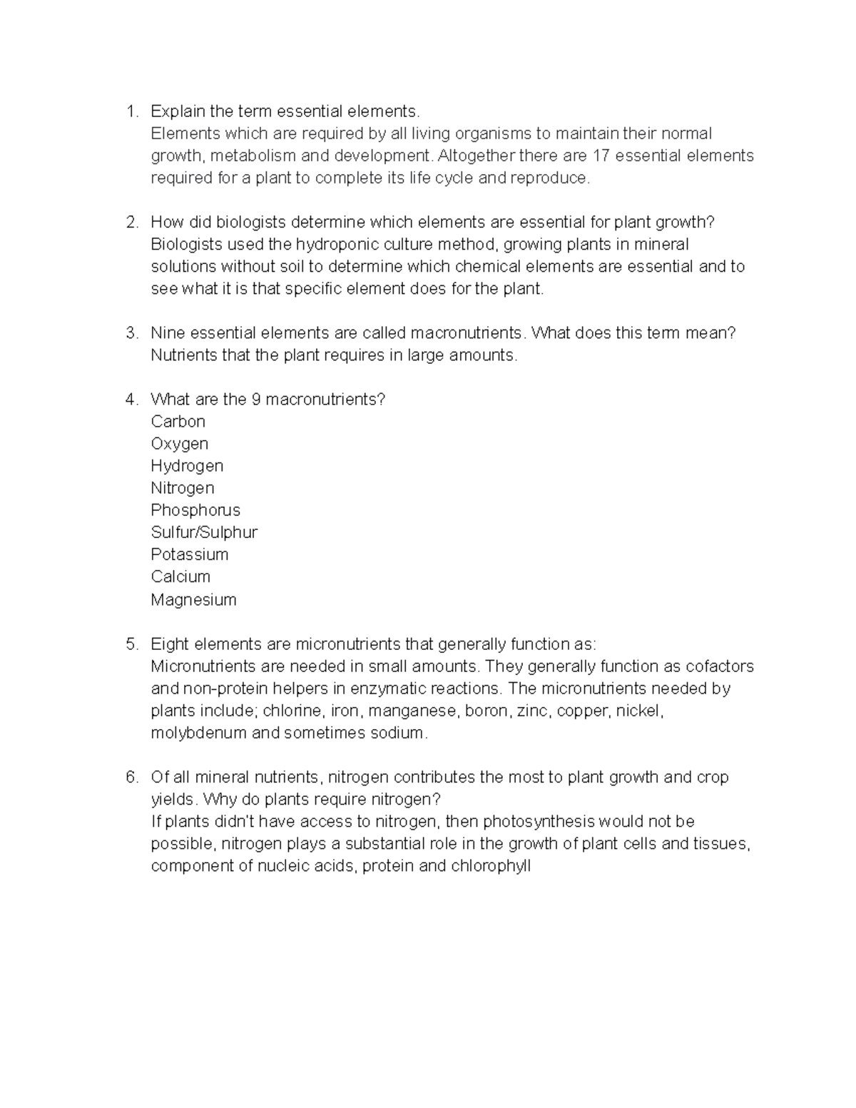 Bio 1002 Flowering Plants Nutrition - Explain the term essential ...