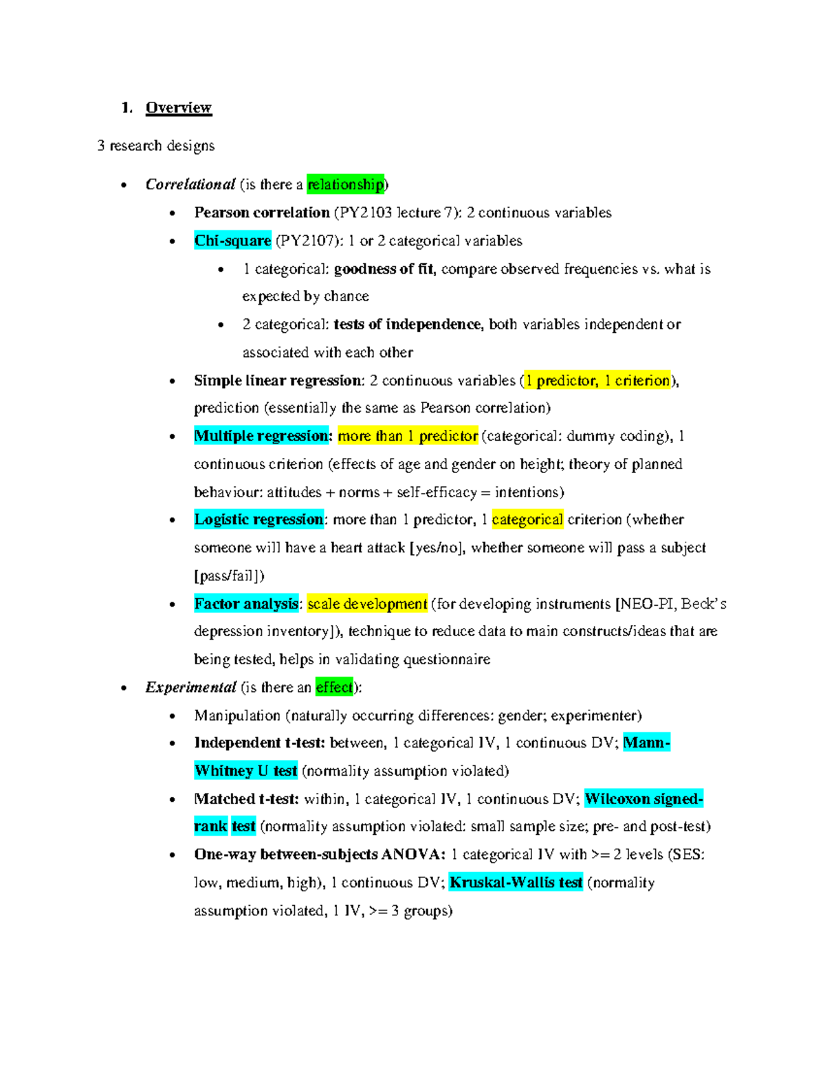 Statistical Analysis for Psychology - 1. Overview 3 research designs ...