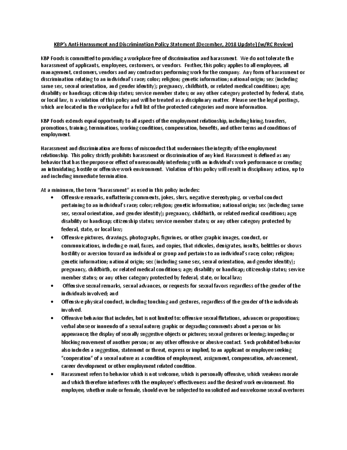 Anti Harassment Policy Statement - Updated Dec. 2018 - KBP’s Anti ...