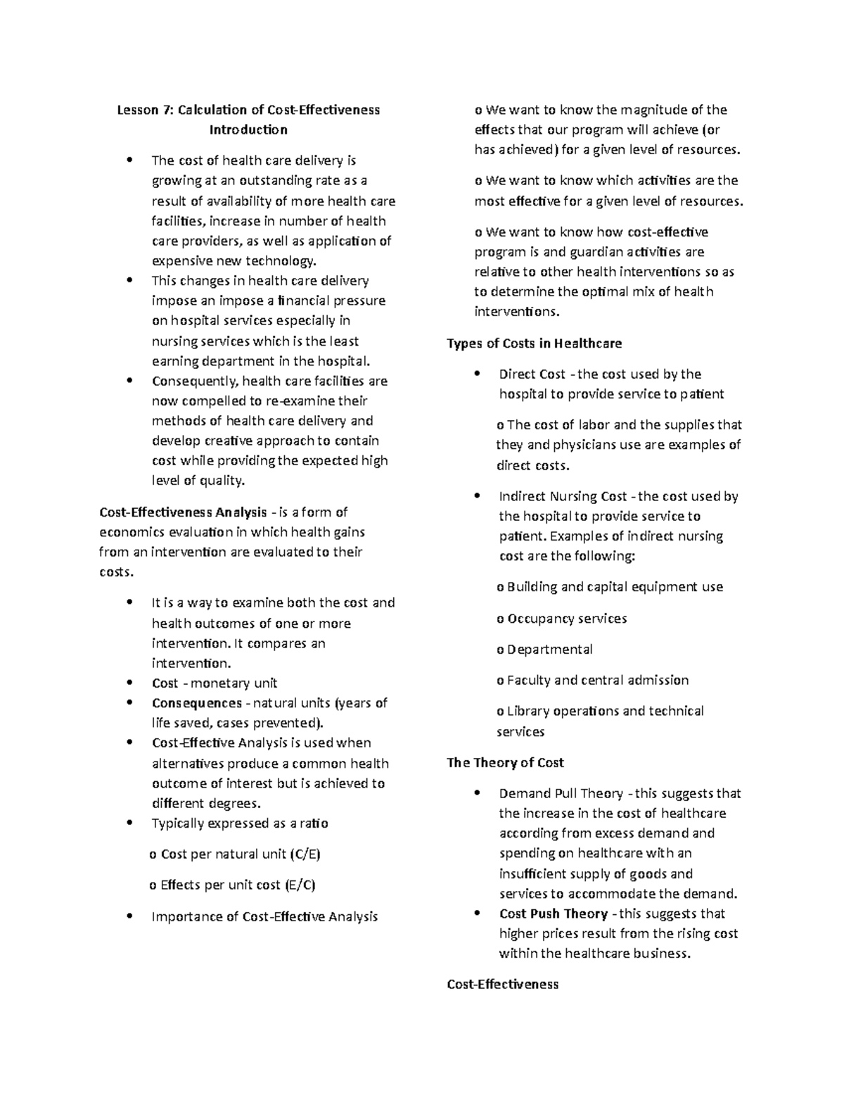 Lesson 7 - Calculation of Cost-Effectiveness Introduction - Lesson 7 ...