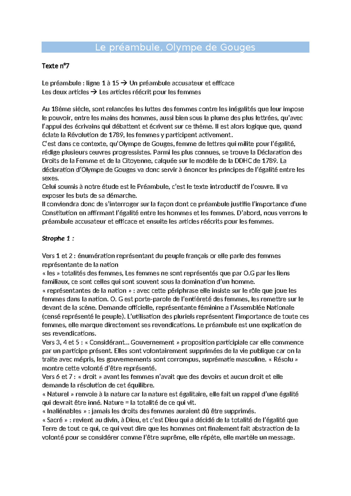 Préambule LL 7 ) - Le préambule, Olympe de Gouges Texte n° Le préambule : ligne 1 à 15 Un - Studocu