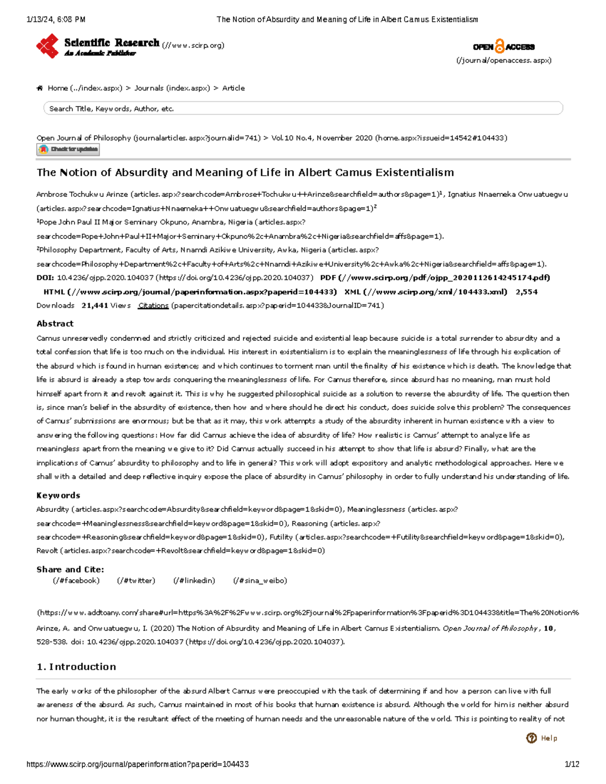 The Notion of Absurdity and Meaning of Life in Albert Camus ...