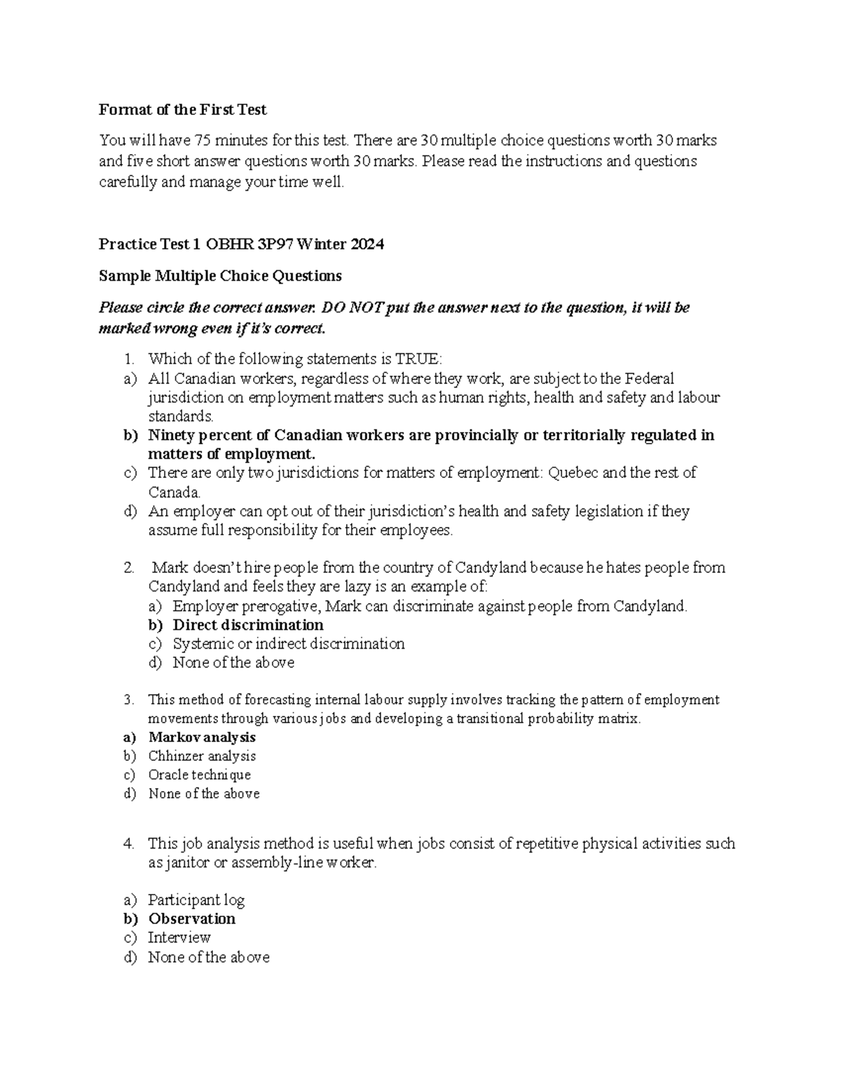 Practice Test 1 OBHR 3P97 winter 2024 - Format of the First Test You ...