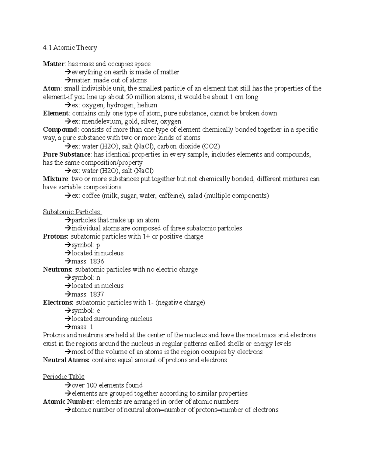 Science Study Sheet-Chemistry (gr10) - 4 Atomic Theory Matter : has ...