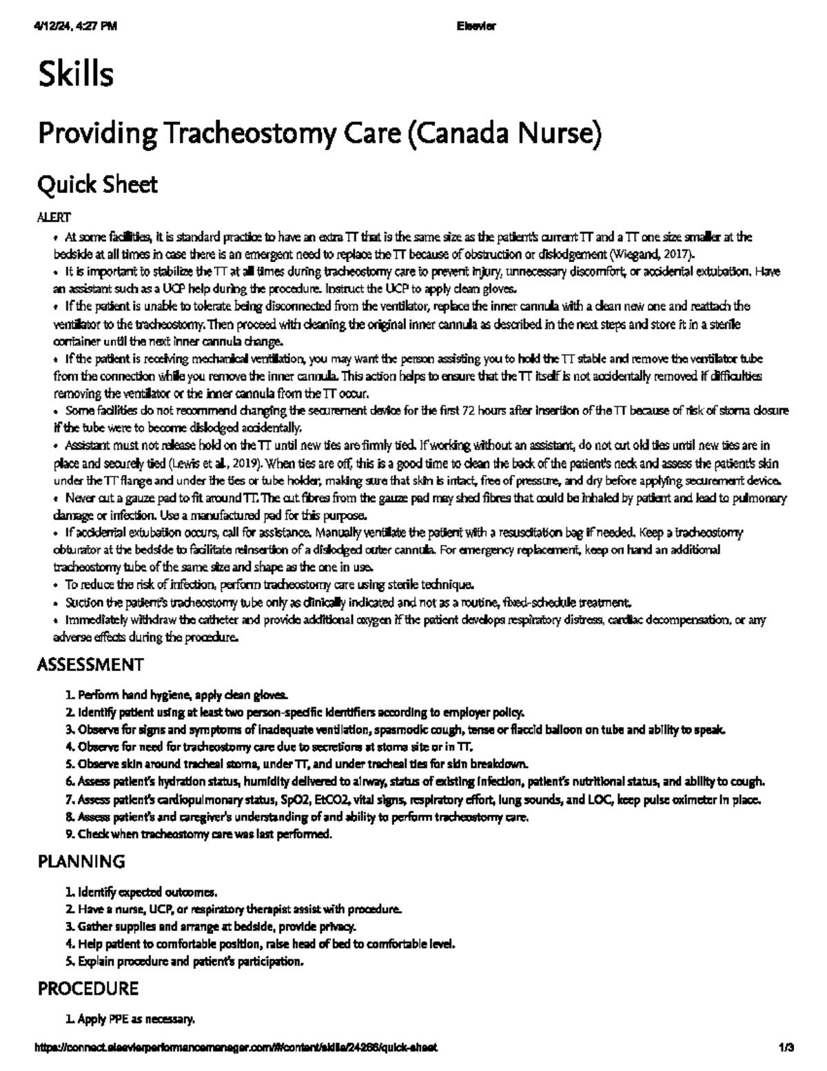 Providing Tracheostomy Care Full Checklist - NURS1503U - Studocu