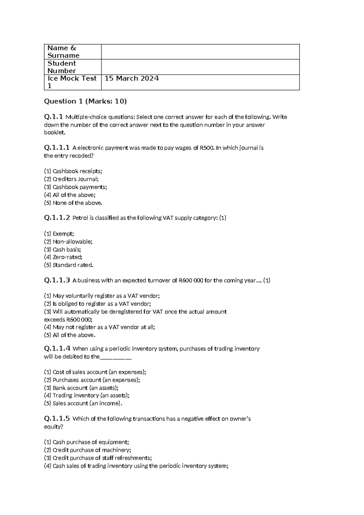 Ice Mock Test 1 - 15 March 2024 - Name & Surname Student Number Ice ...