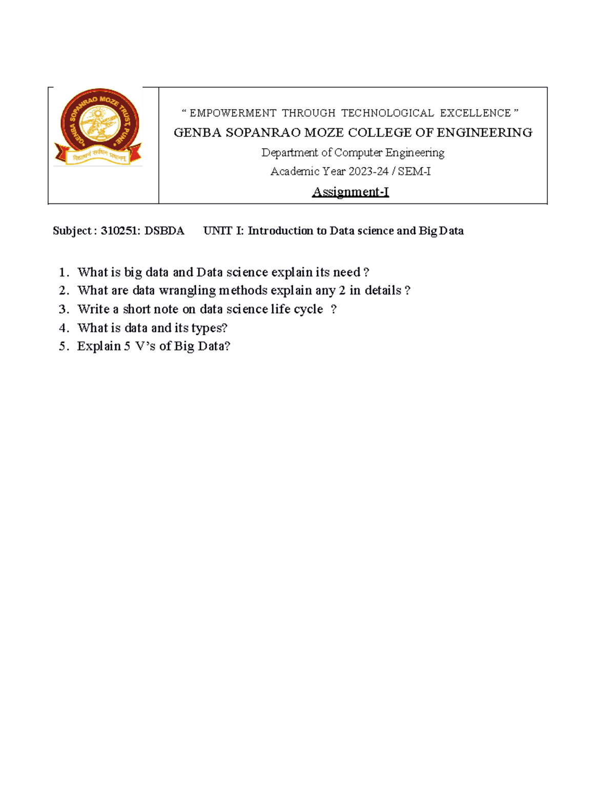 Assignments Dsbda - GENBA SOPANRAO MOZE COLLEGE OF ENGINEERING Department of Computer ...