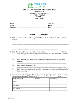 Business Studies - Business Studies Form 4 Paper 2 - Question Paper - 1 ...