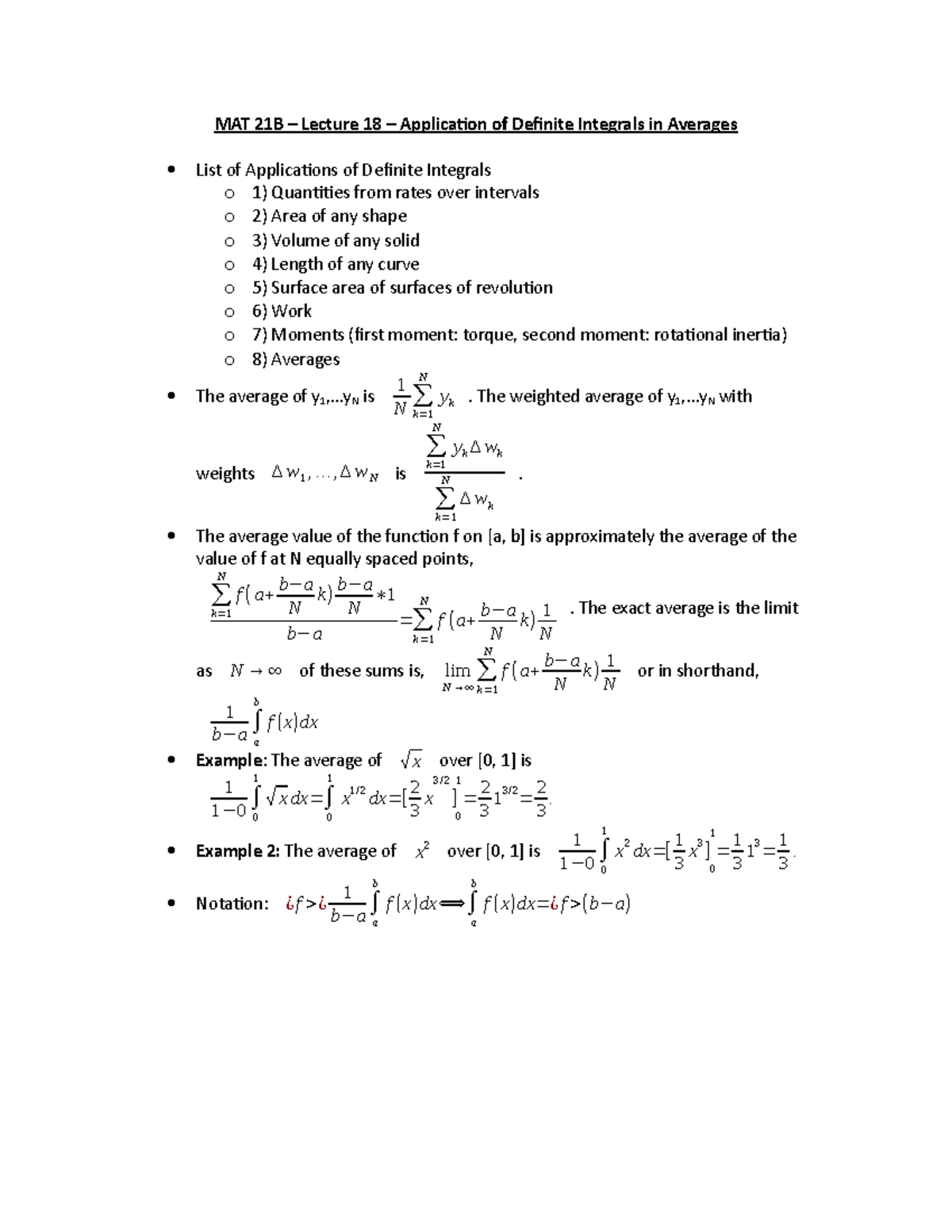 MAT 21B – Lecture 18 – Application of Definite Integrals in Averages ...