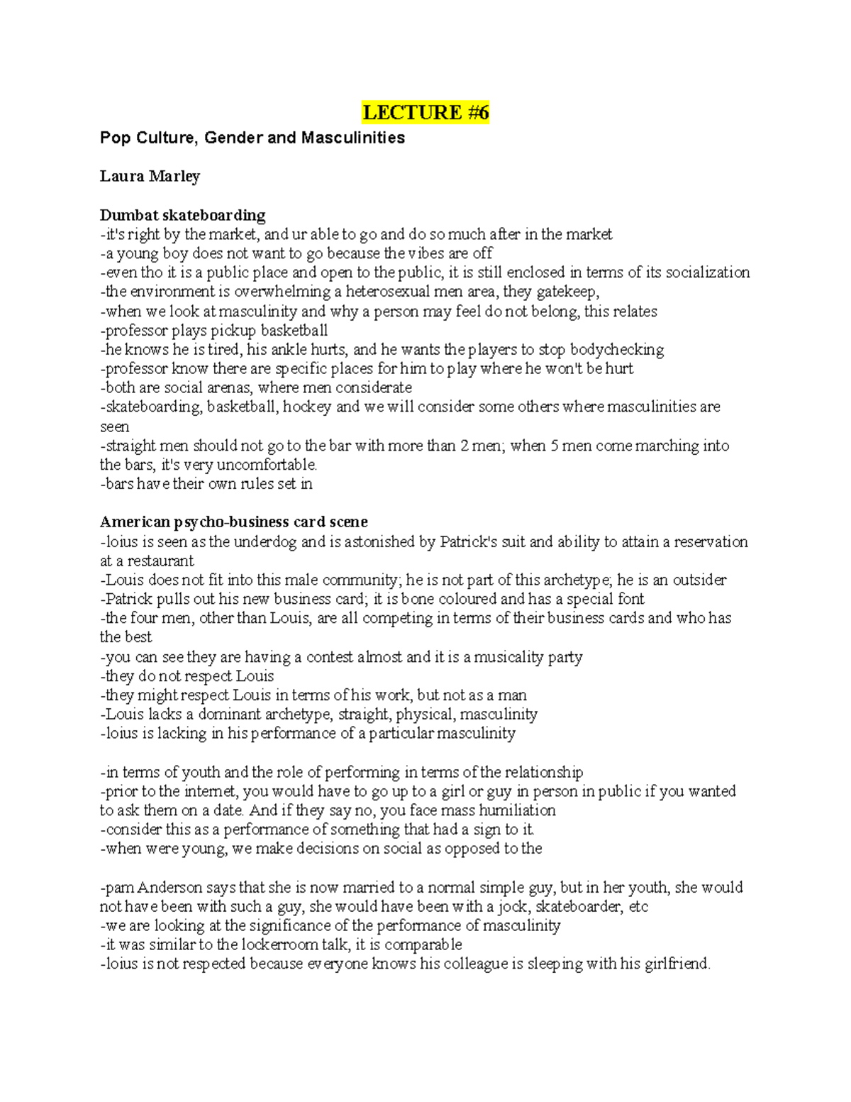 lecuture notes for weeks 1-5 - LECTURE Pop Culture, Gender and ...