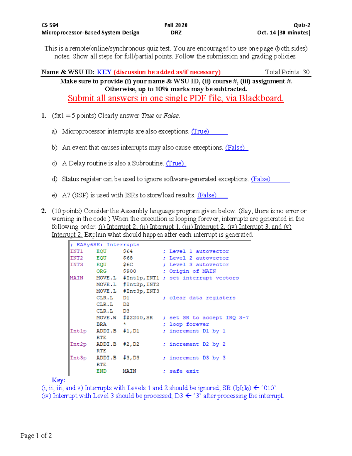 practice problems - CS 5 94 Fall 2020 Quiz- Microprocessor-Based System ...